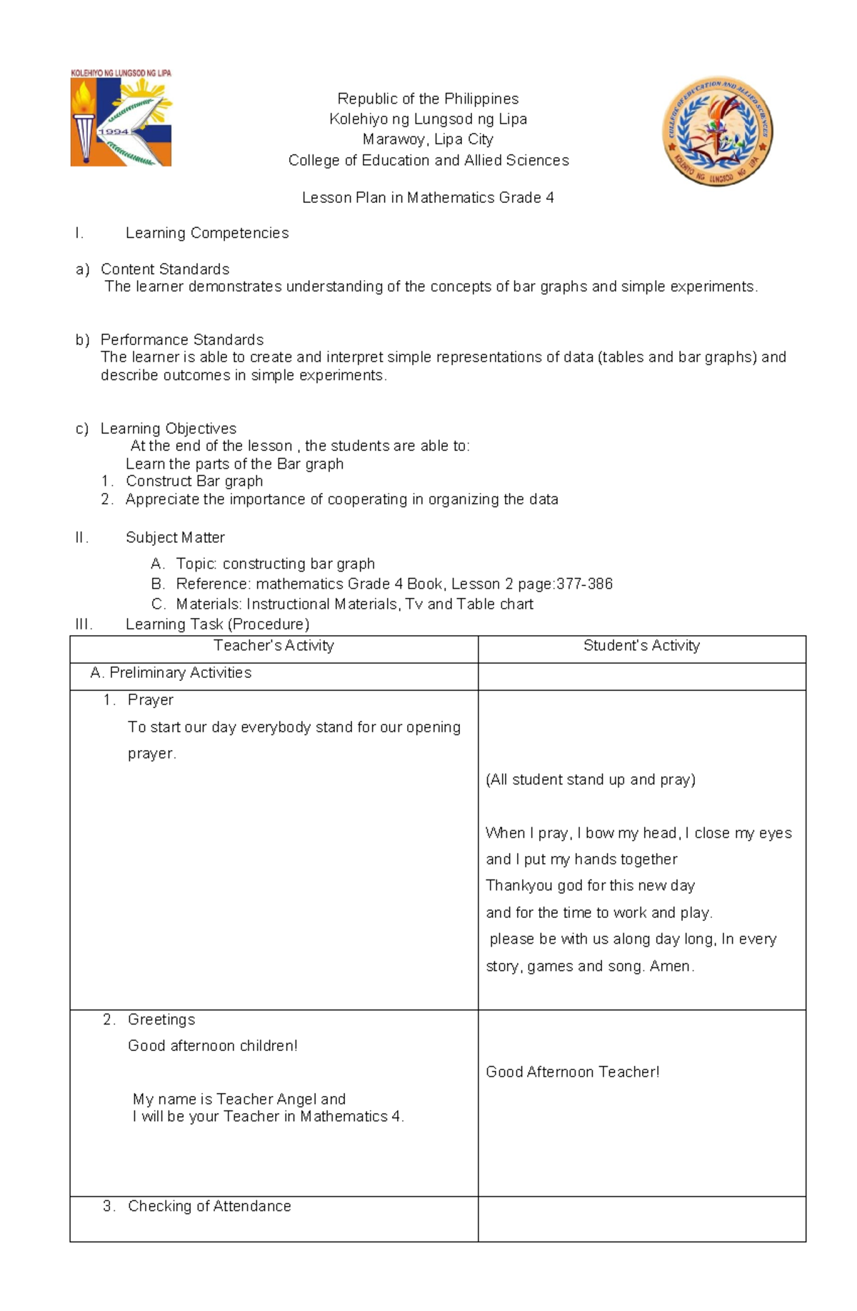 Detailed Lesson Plan: Mathematics Grade 4 - Constructing Bar Graphs ...