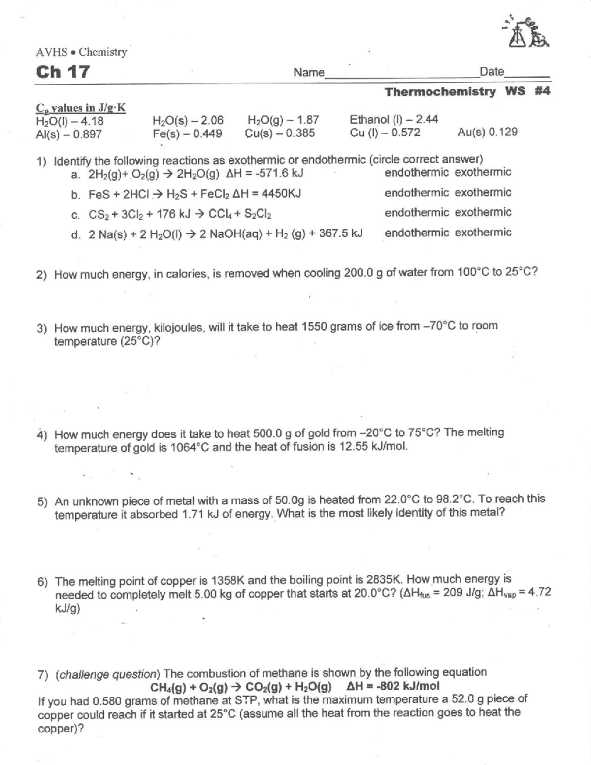 AVHS Chemistry Ch 17 Thermochemistry Worksheet W#4: Energy Calculations ...
