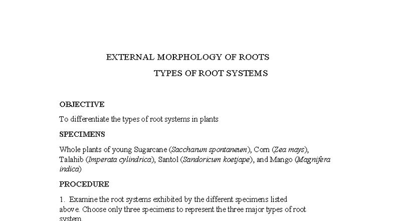 Morphology of Roots Lab: Types of Root Systems and Structures - Studocu