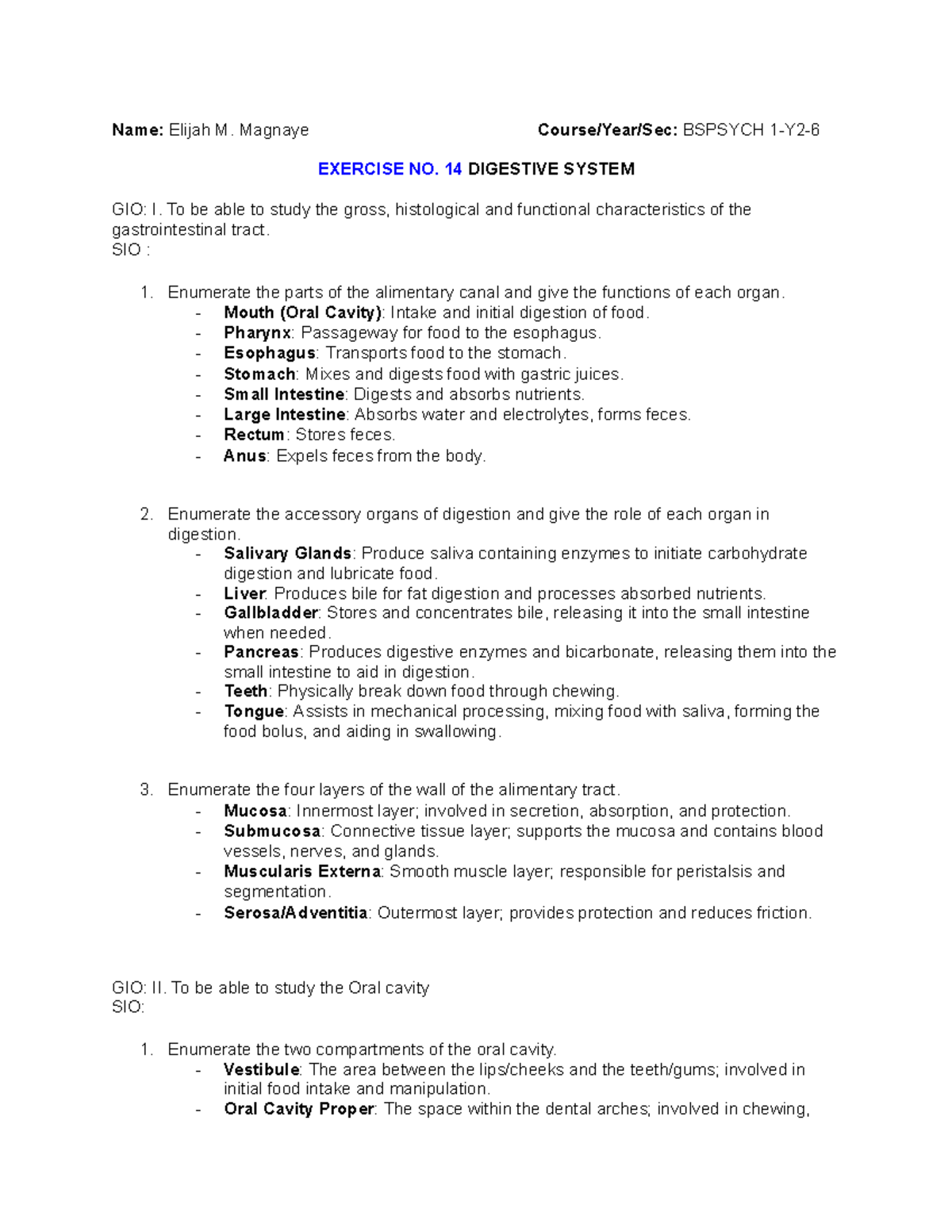 BSPSYCH 1-Y2 Digestive System Lab Exercise Overview and Key Concepts - Studocu