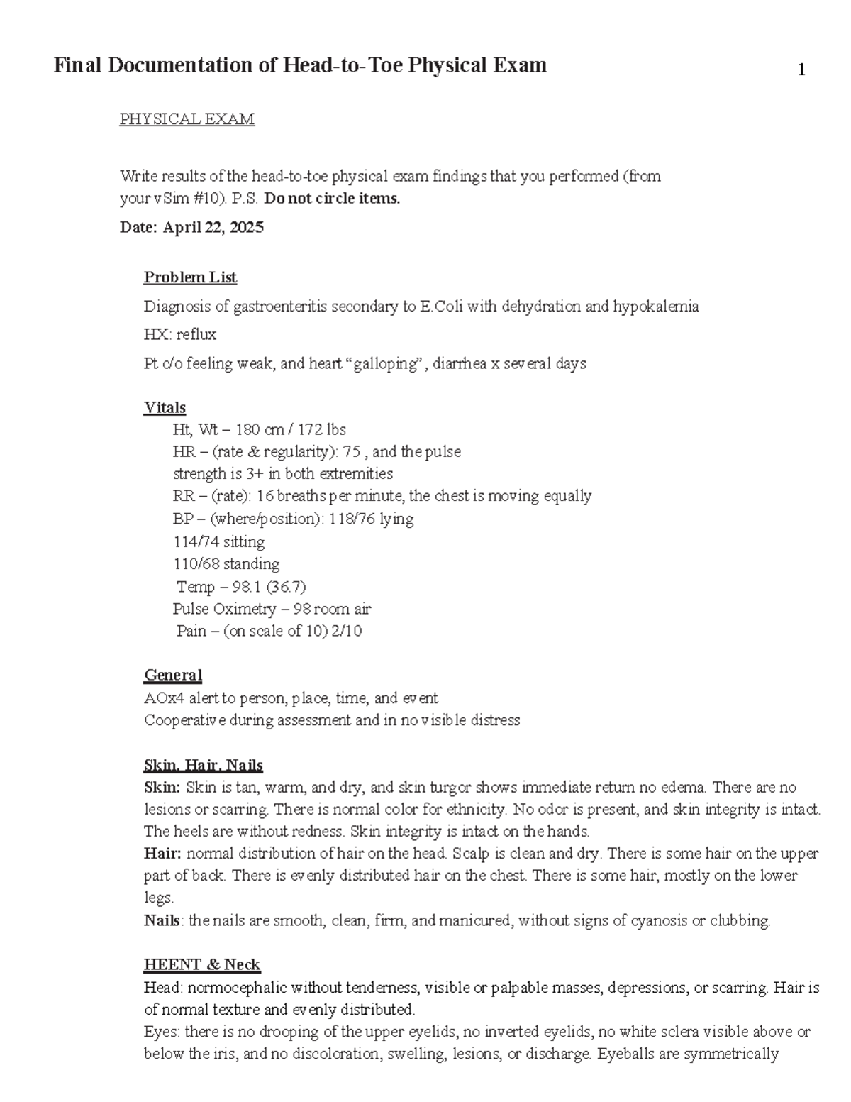 Final Documentation of Physical Exam 1 - PHYSICAL EXAM Results - Studocu
