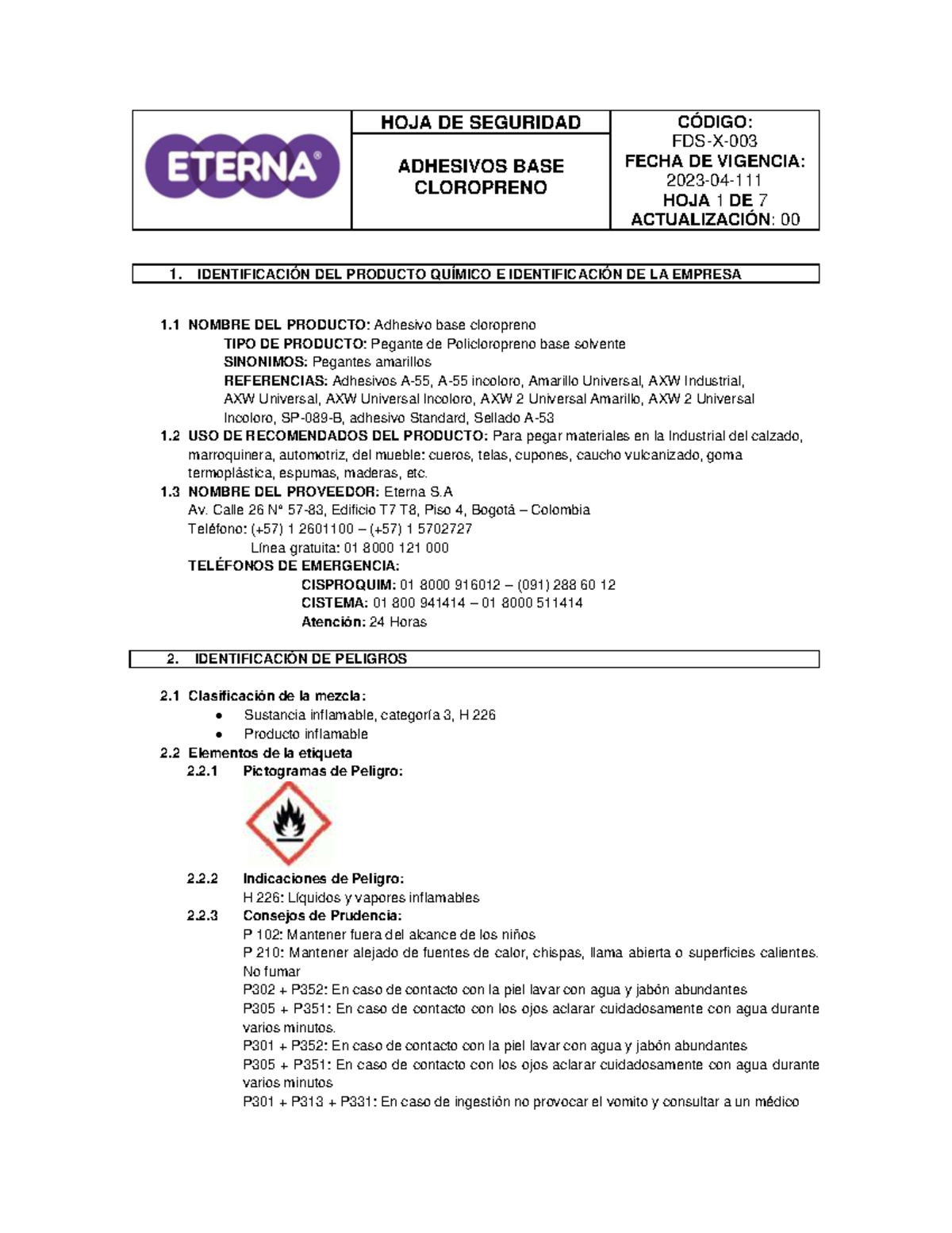 FDS - Hoja de Seguridad Adhesivo Base Cloropreno - Actualización 00 ...