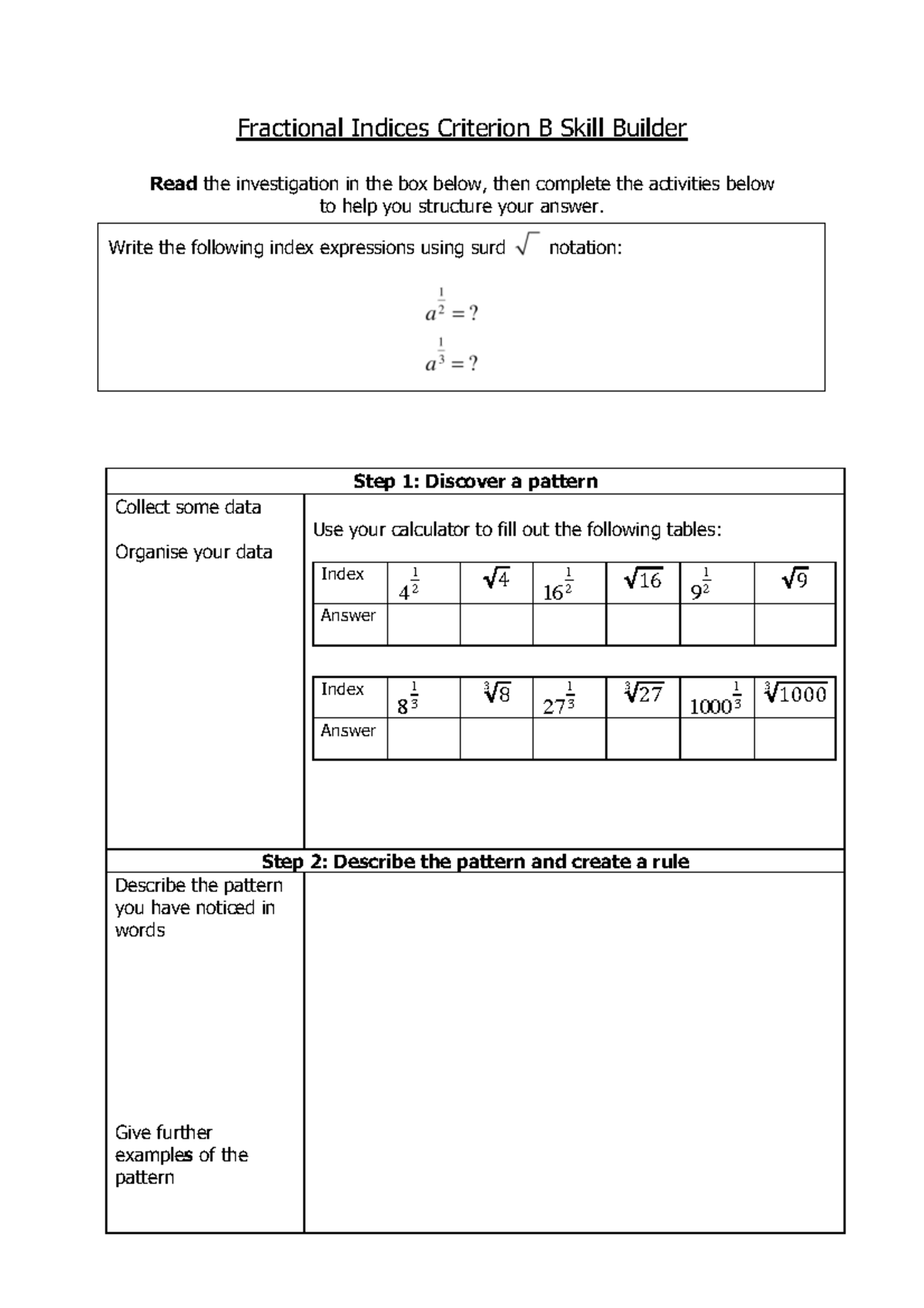 Fractional Indices Criterion B Skill Builder Practice Test - PTmnnnnn ...