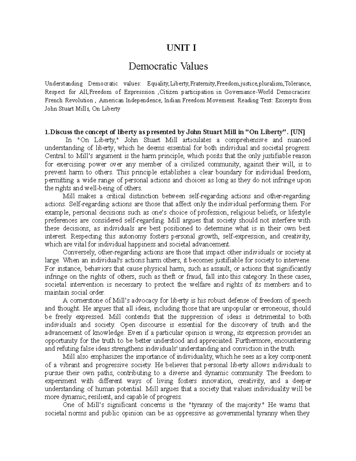 Human Values and Ethics: Understanding Democratic Principles (15 Marks ...