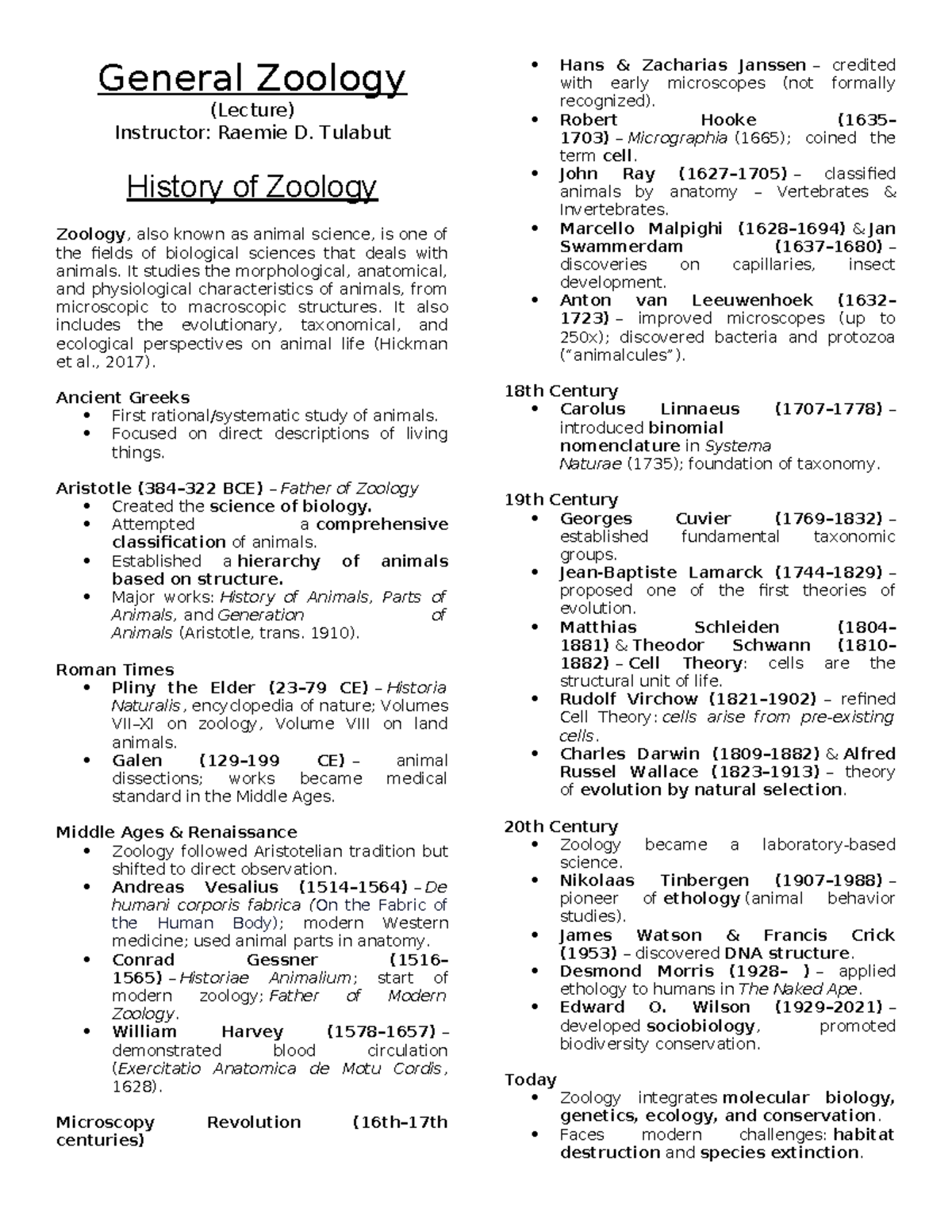 General Zoology (Lecture) Prelim Study Notes - Studocu