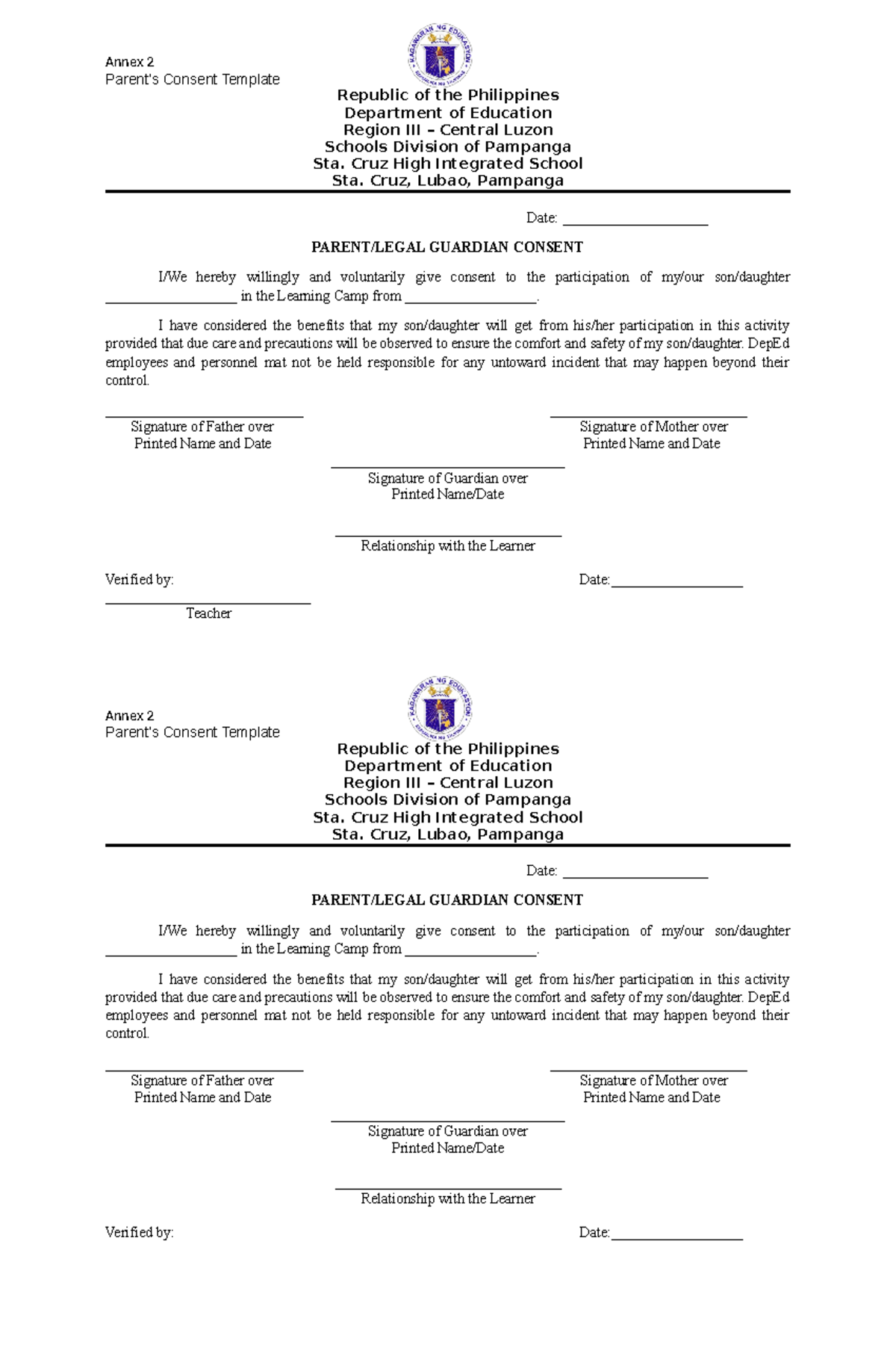 NLC Parent's Consent Template for Learning Camp Activities - Studocu