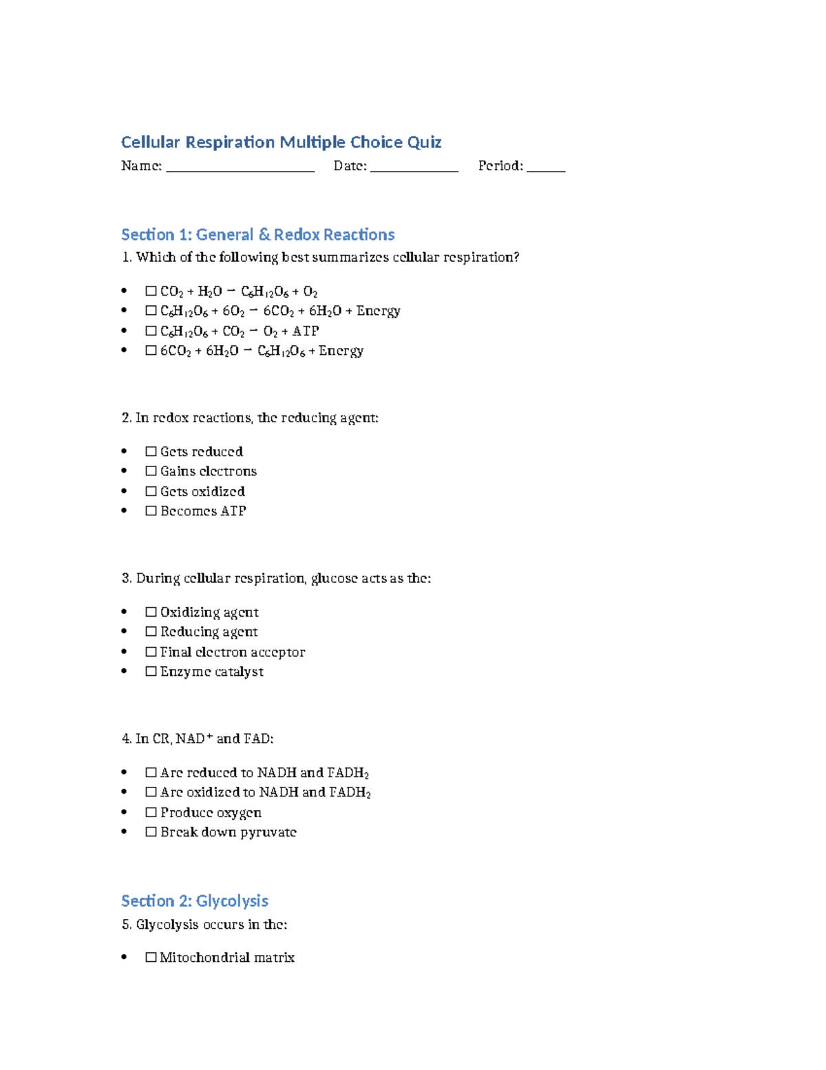 Cellular Respiration (BIO101) Multiple Choice Quiz - Studocu