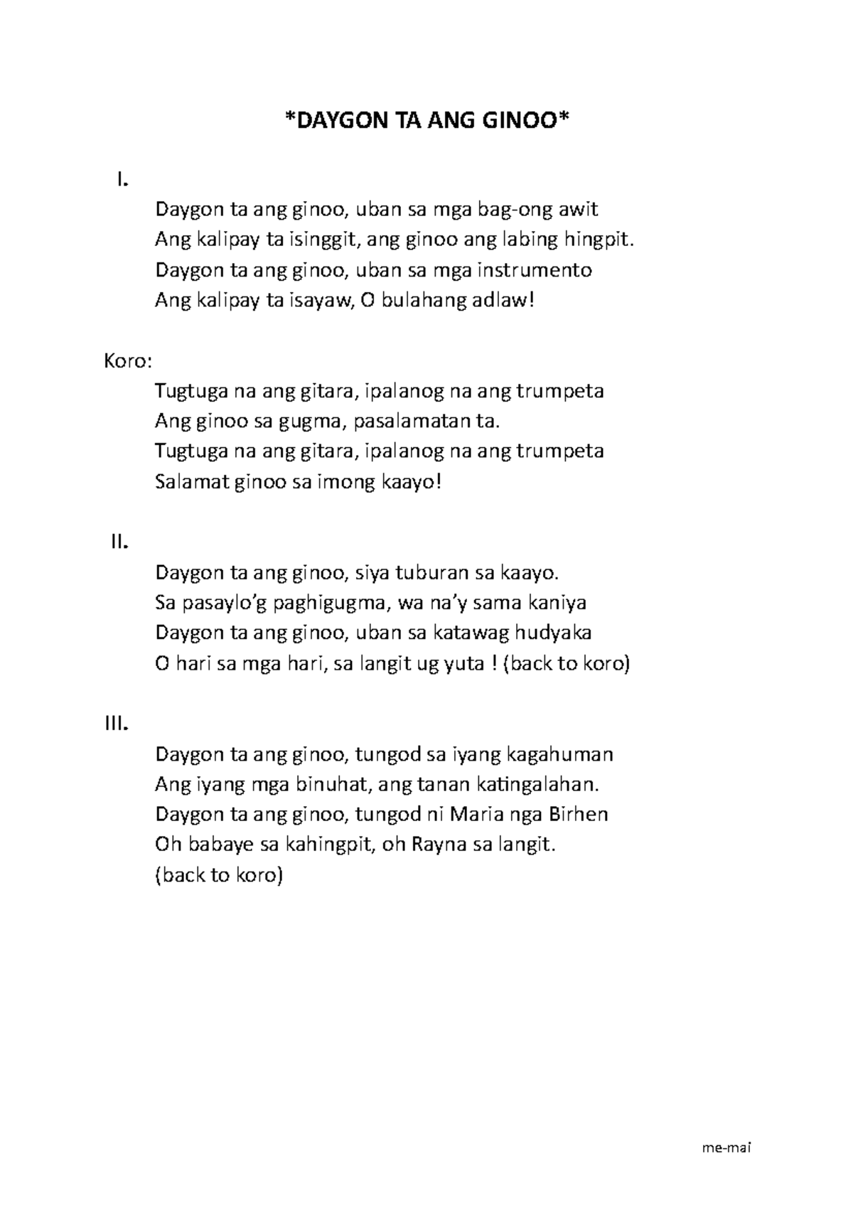 Daygon ta ang ginoo - allow me to download this document please - DAYGON TA ANG GINOO I. Daygon ...