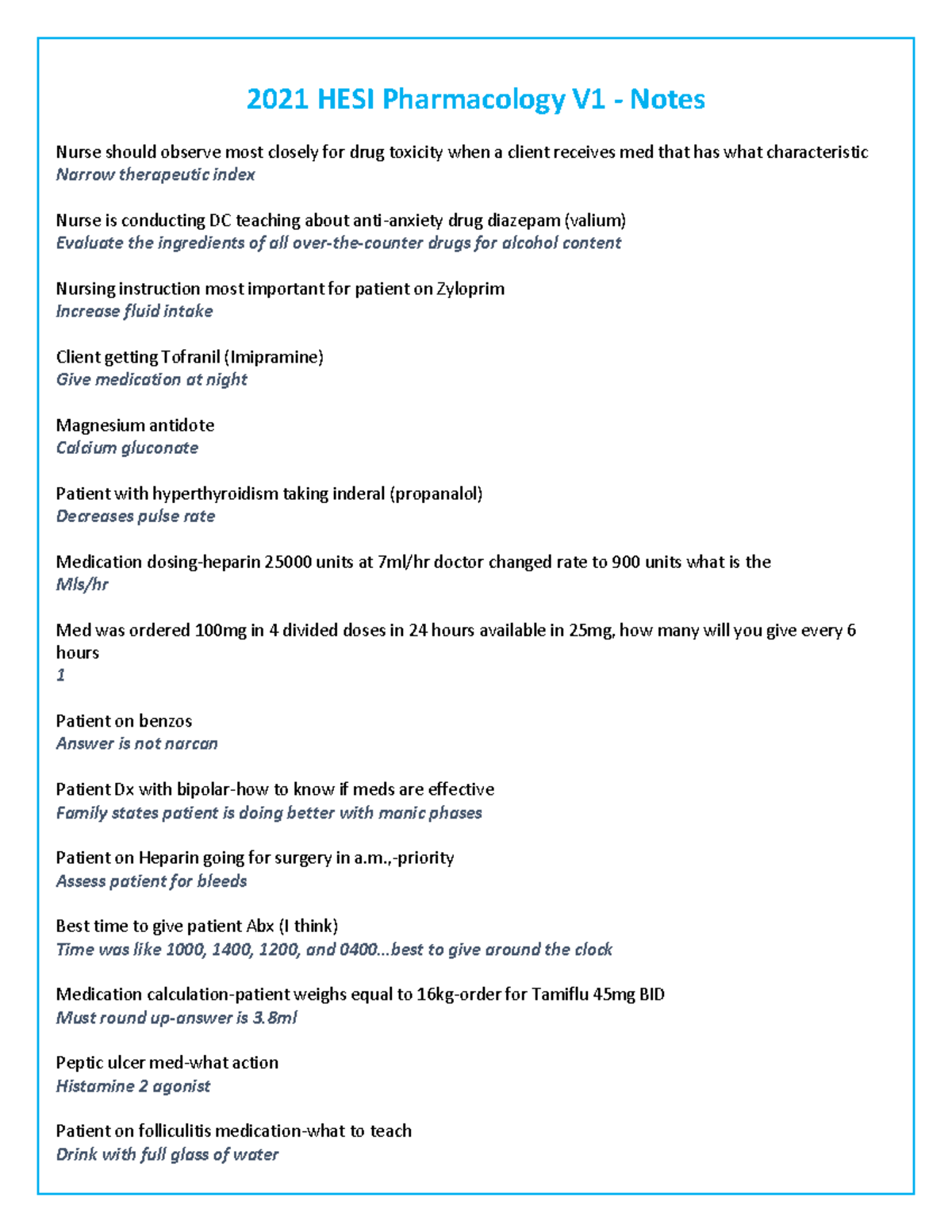 2021 HESI Pharmacology V1 - 130 Practice Questions & Notes - Studocu