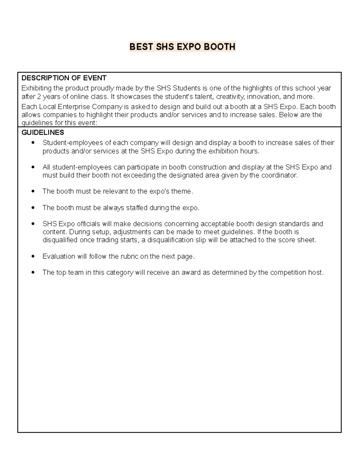 Best SHS Expo Booth Competition Rubric and Evaluation Criteria - Studocu