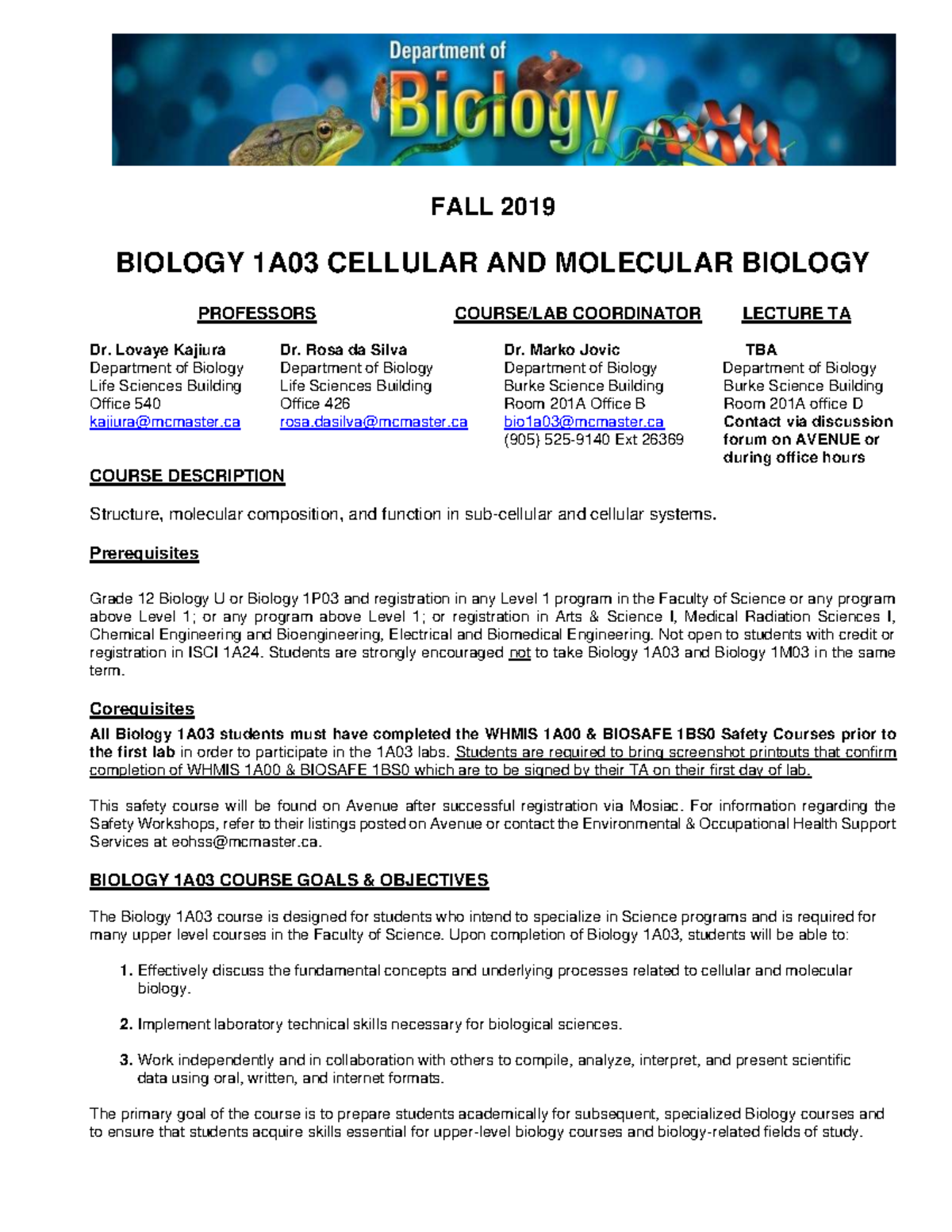 Fall 2019 Biology 1A03 Course Outline updated August 29 - FALL 2019 ...