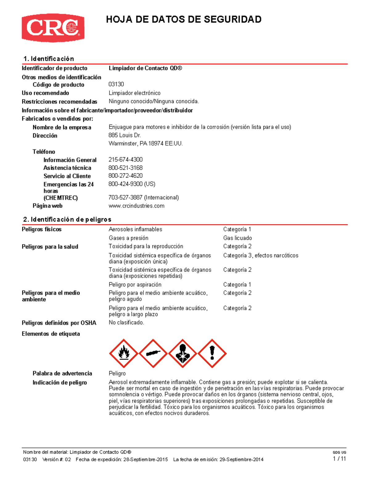 FDS Limpiador de Contacto QD - Seguridad y Manejo (Código 03130) - Studocu