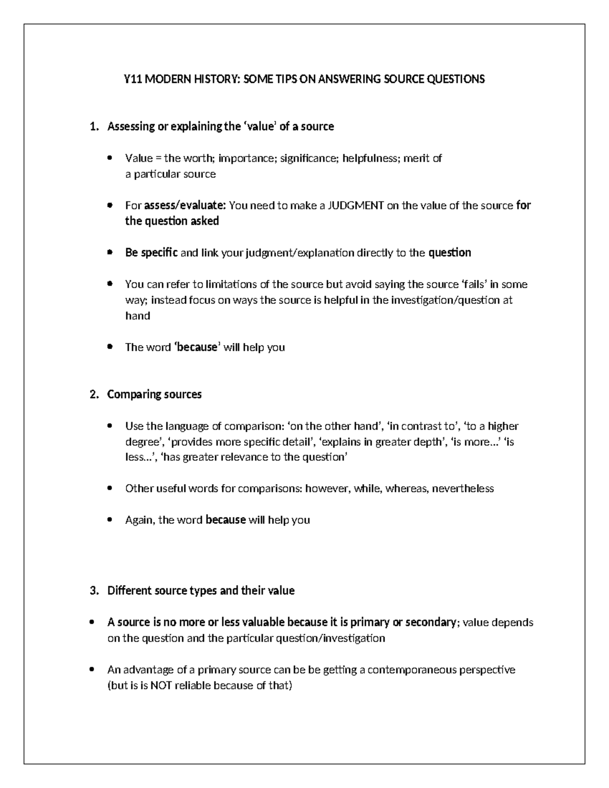Y11 MODERN HISTORY: Tips for Answering Source Questions (Stage 6) - Studocu
