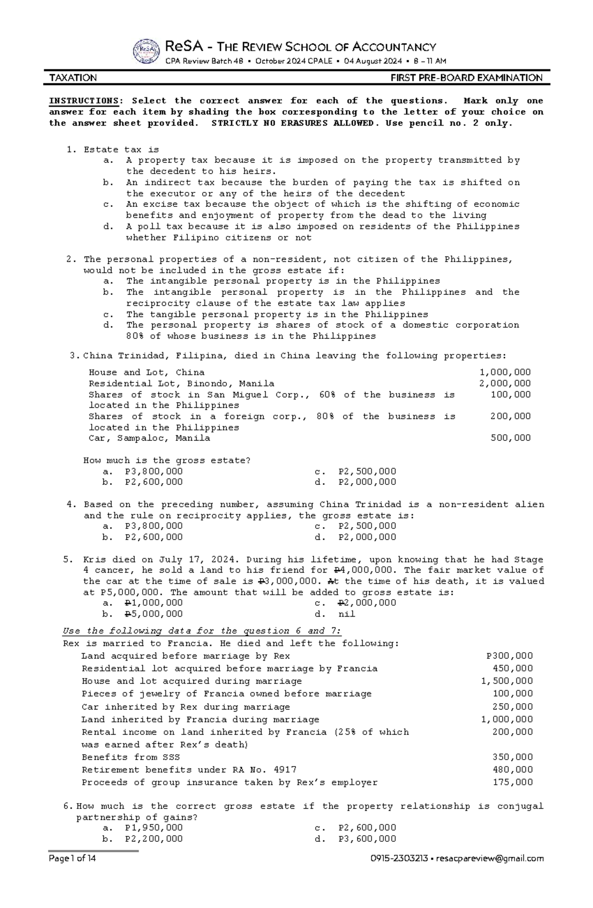 ReSA Batch 48 CPA Review: Taxation First Exam Questions & Answers - Studocu