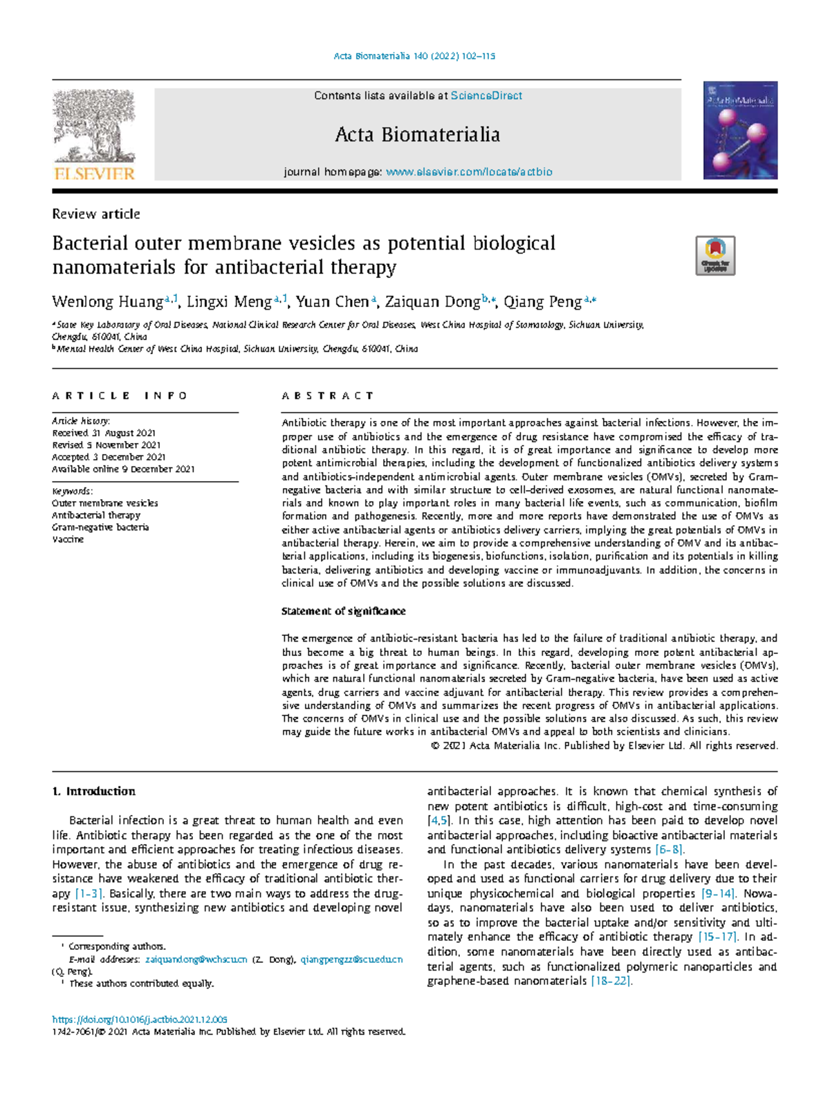 Bacterial Outer Membrane Vesicles: A Review on Antibacterial ...