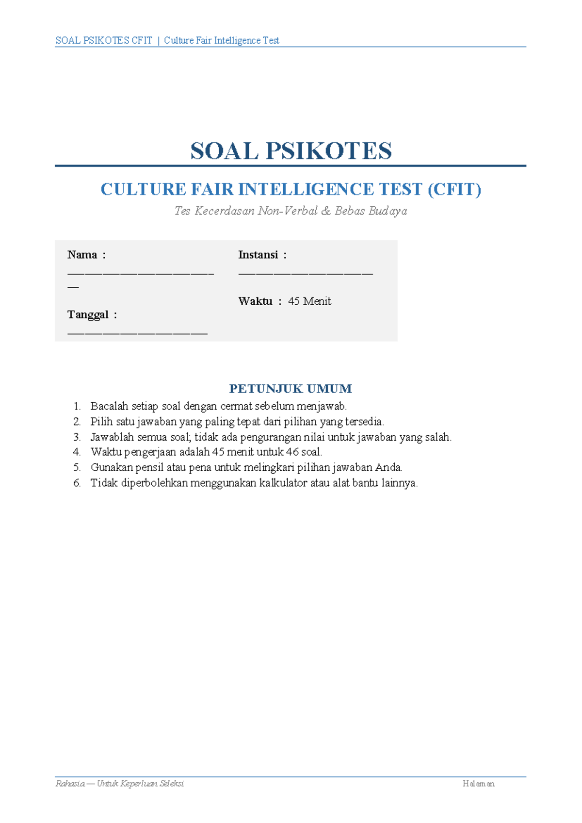 Soal Psikotes CFIT (Culture Fair Intelligence Test) dan Kunci Jawaban ...