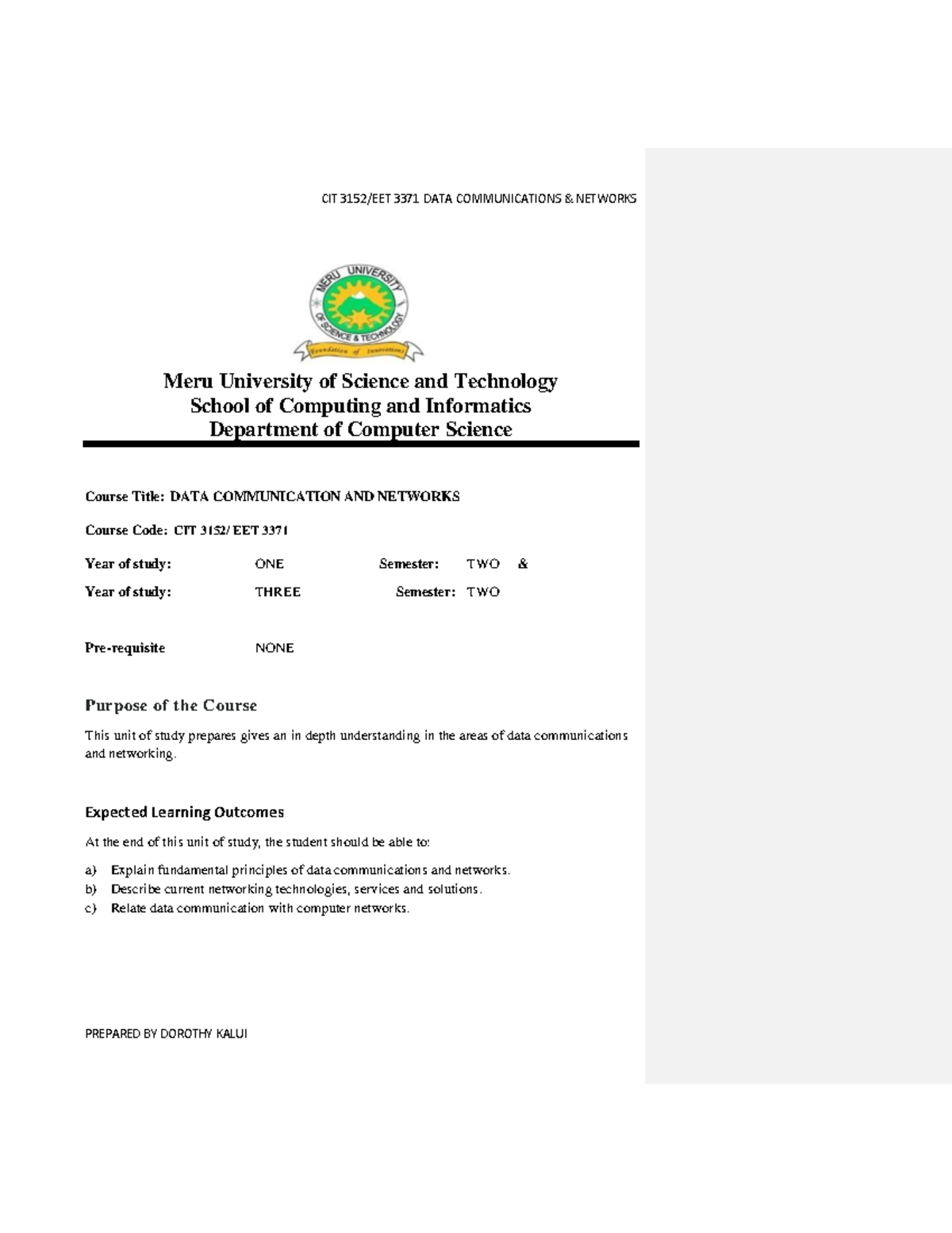 CIT 3152 Data Communication & Networks Course Outline - Final Review ...