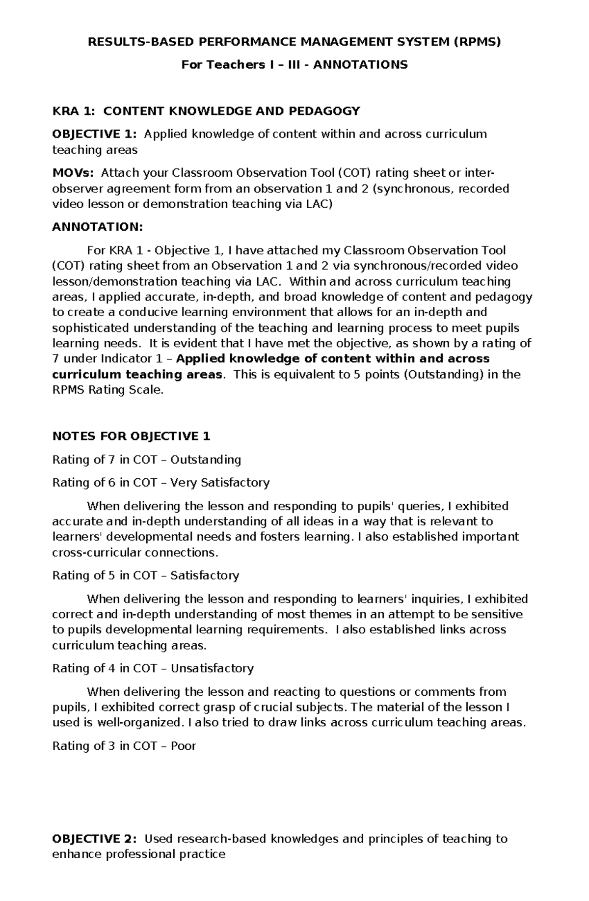 Revised Title: 2021 RPMS Annotations for Teacher I - III Performance ...