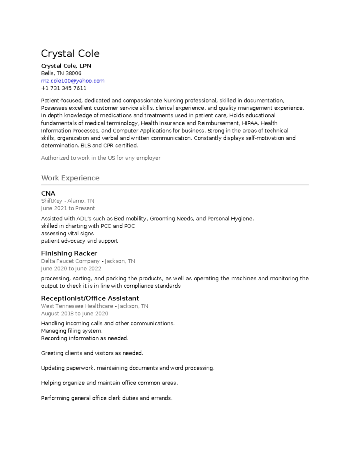 Crystal-Cole - lecture notes - Crystal Cole Crystal Cole, LPN Bells, TN ...