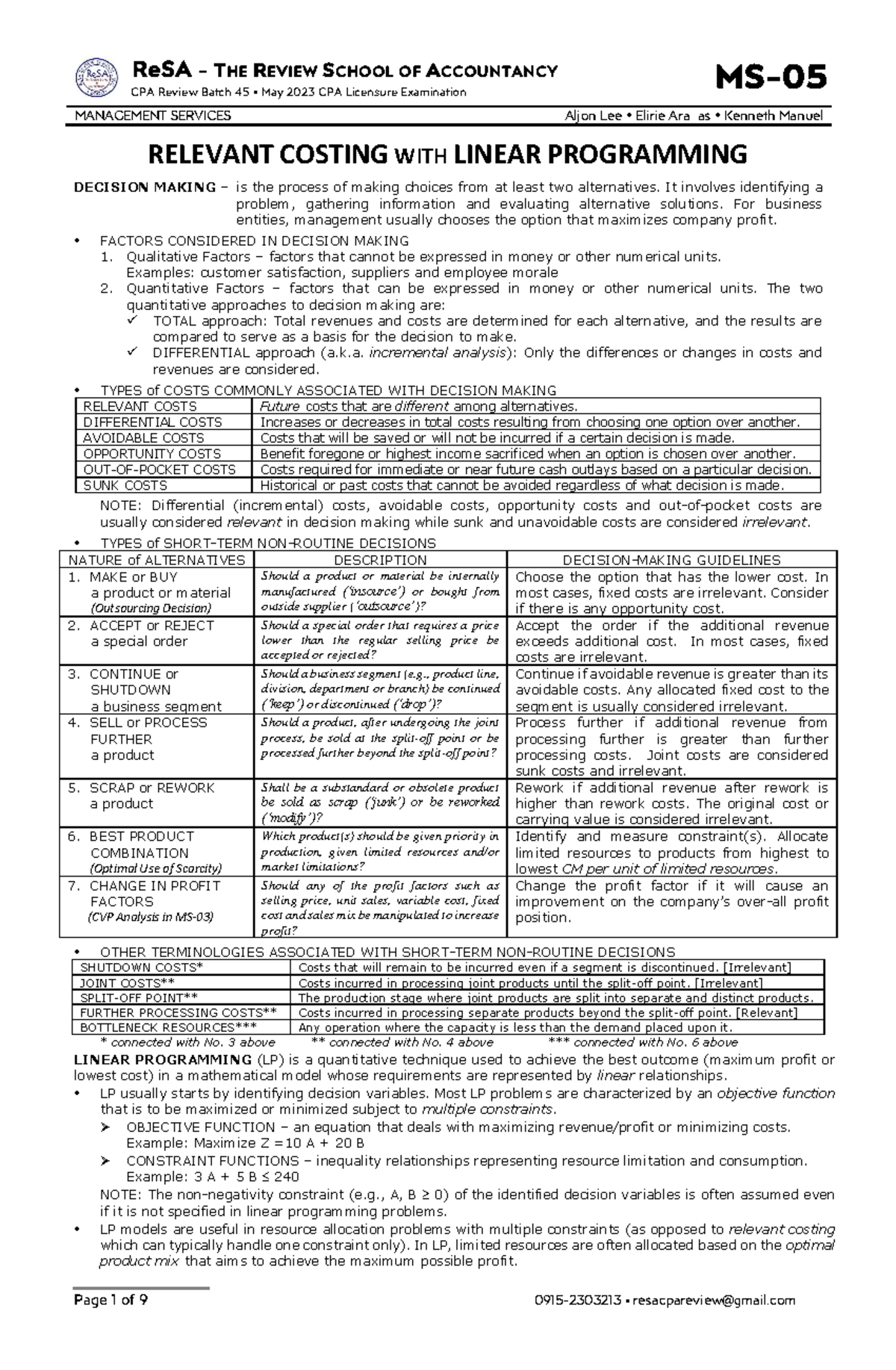 ReSA CPA Review Batch 45 May 2023: Relevant costing and linear programming - Studocu