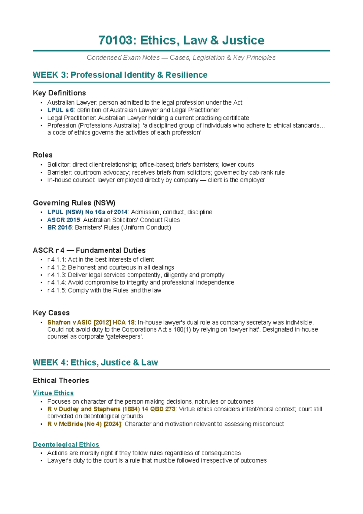 70103: ELJ Condensed Exam Notes on Ethics, Law & Justice Principles ...