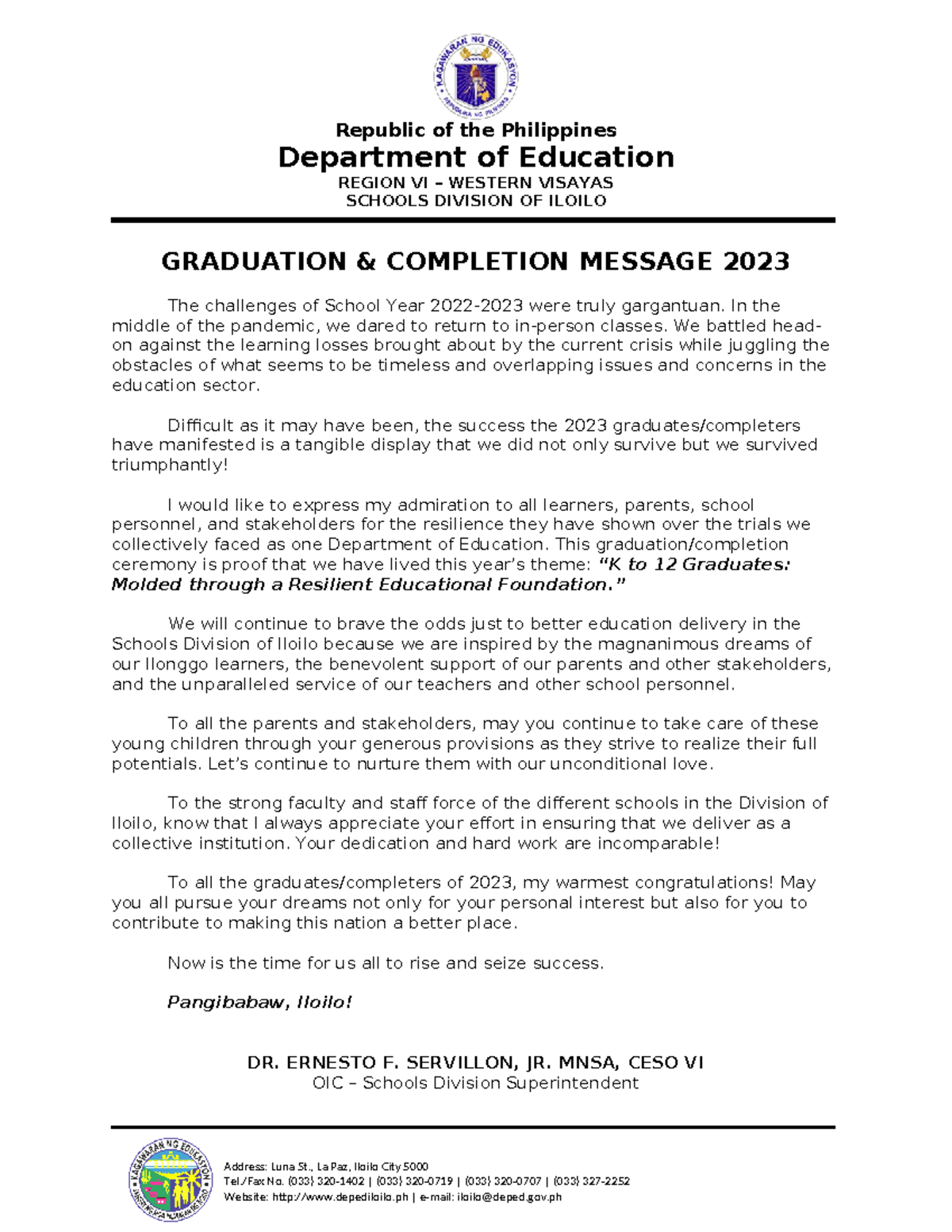 Graduation Completion Message 2023 - Schools Division of Iloilo - Studocu