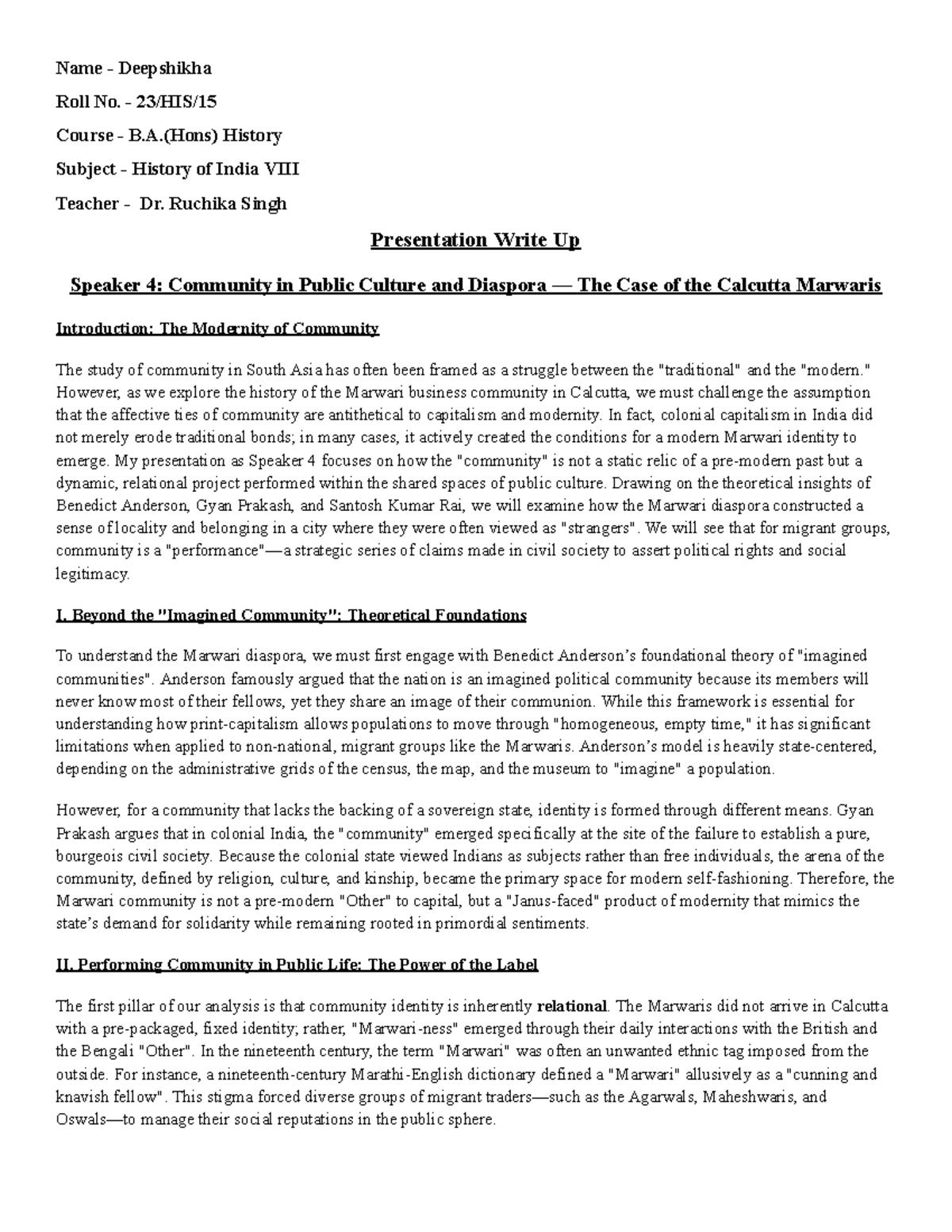 B.A. (Hons) History: Presentation on Calcutta Marwaris & Community ...