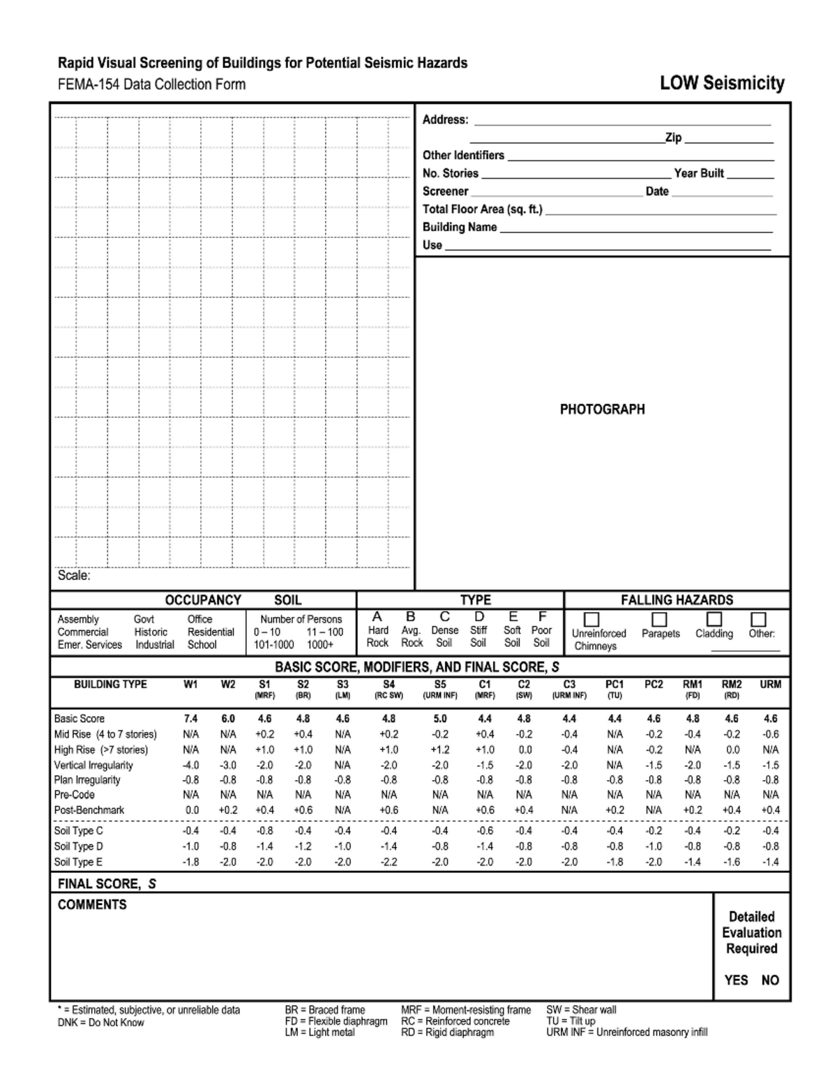 LOW Seismicity Building Rapid Visual Screening Data Collection Form ...