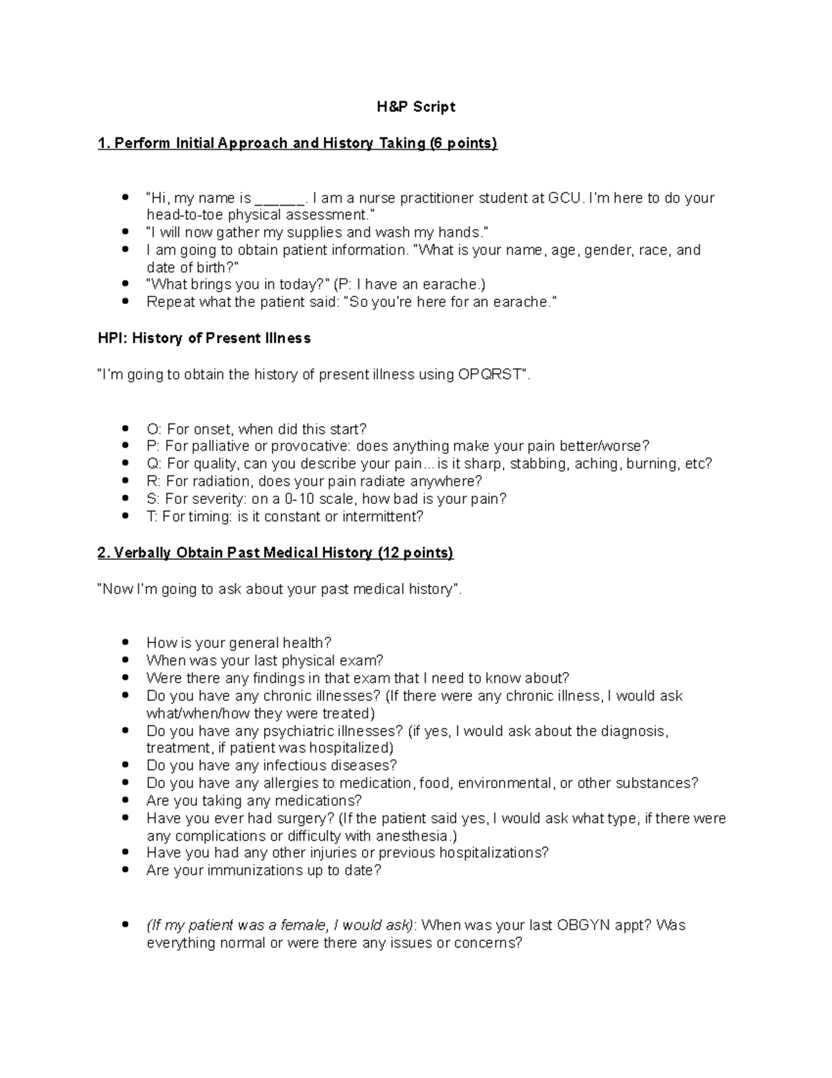 H&P Script: Comprehensive Guide for Physical Assessment Techniques - Studocu