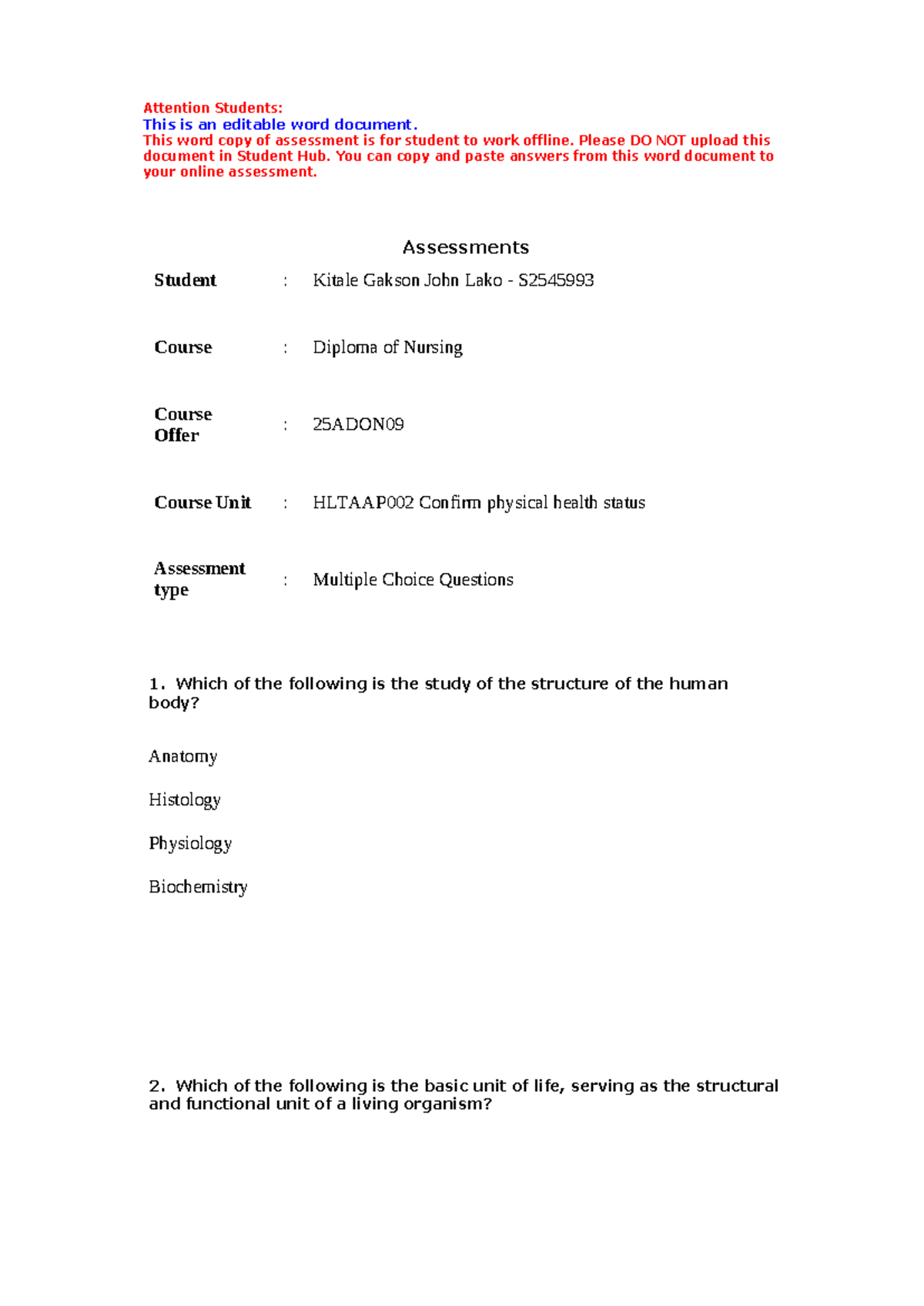 HLTAAP002 Confirm Physical Health Status MCQ Assessment Document - Studocu