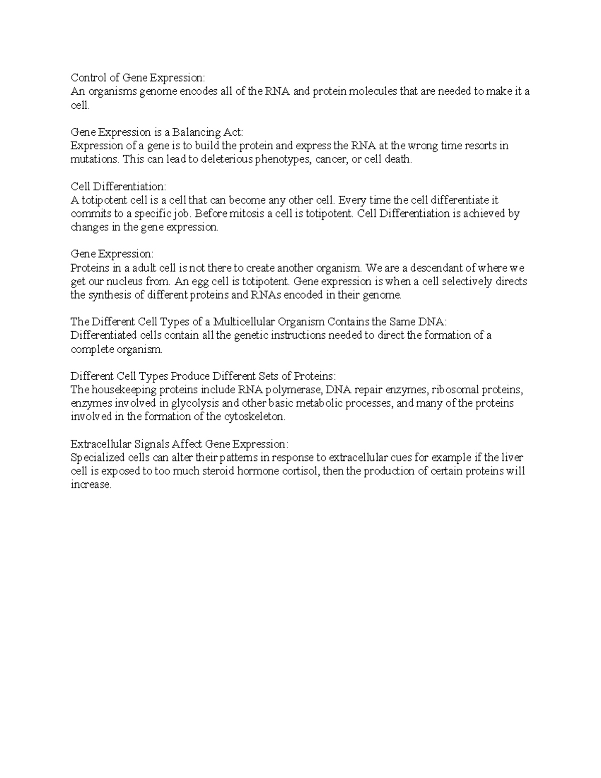 Biology 230 Chapter 8: Gene Expression Control and Cell Differentiation ...