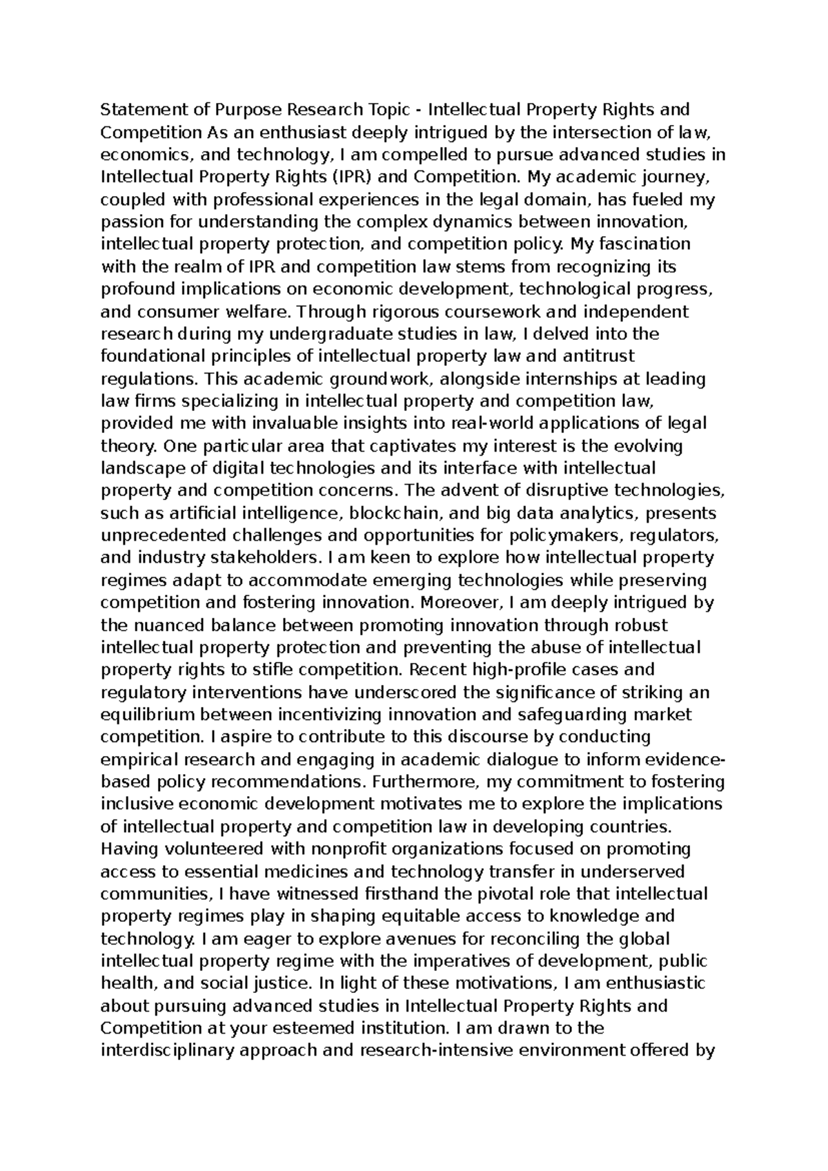 Statement of Purpose: IPR & Competition Research Focus - Studocu