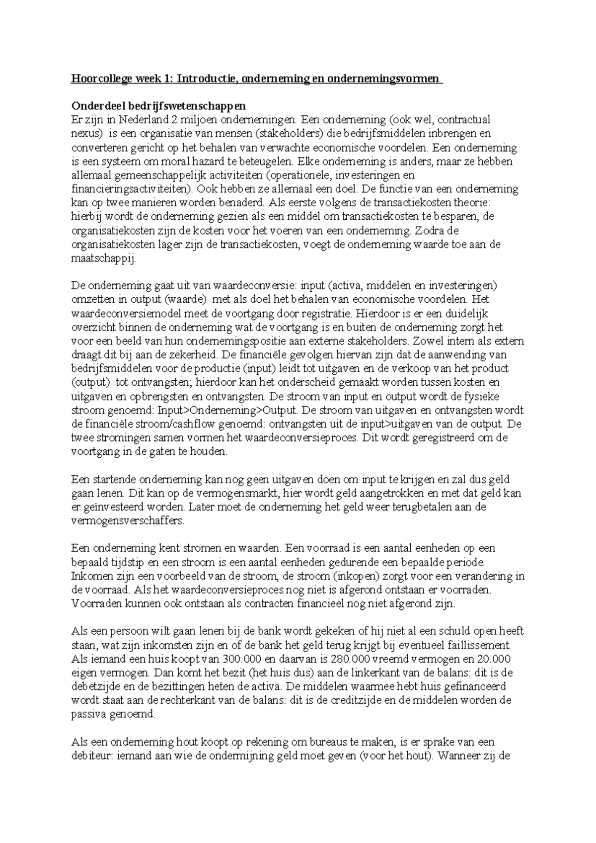 Hc Week 1: Introductie Onderneming en Ondernemingsvormen - Studeersnel