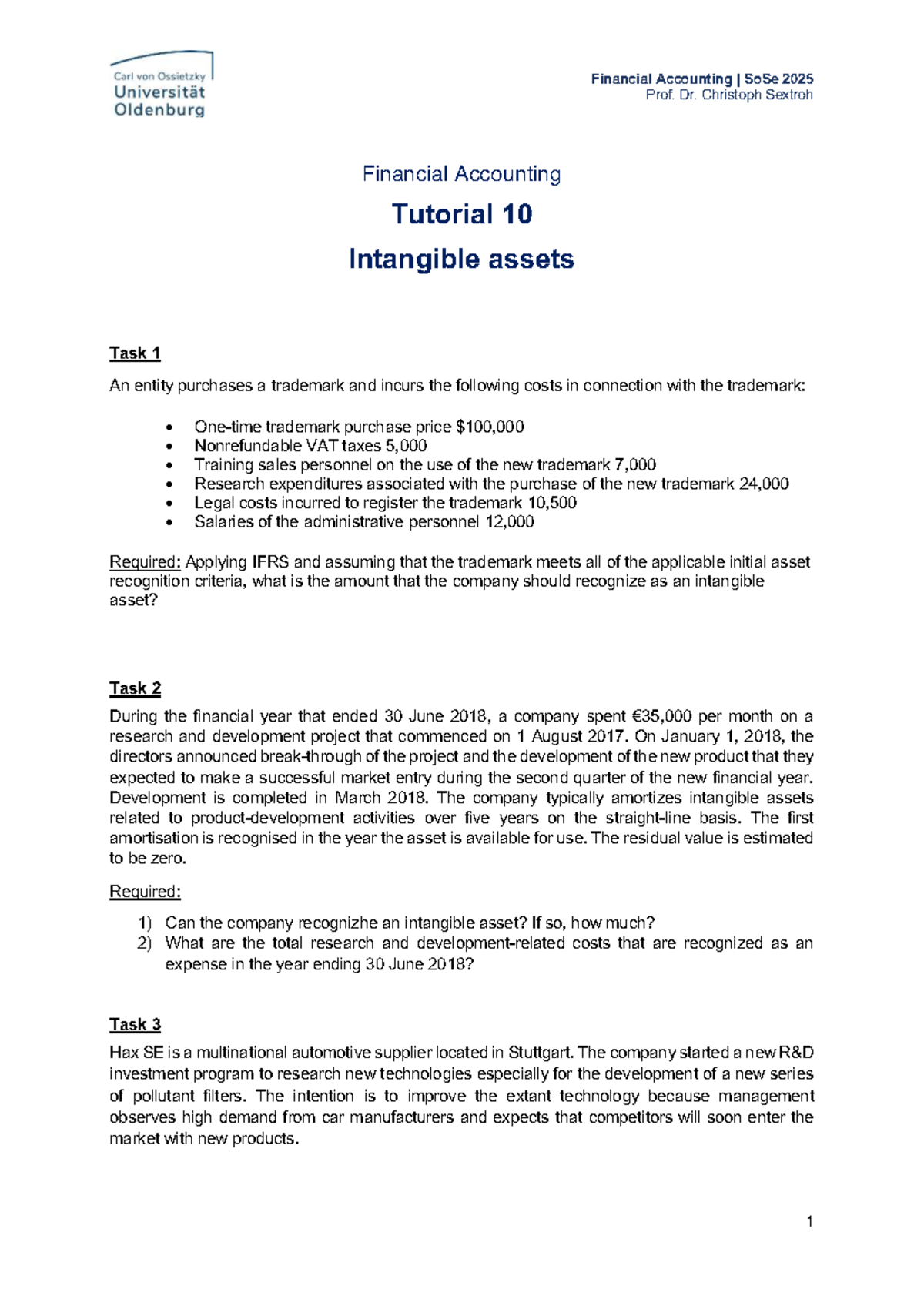 Financial Accounting SoSe 2025: Tutorial 10 on Intangible Assets - Studocu