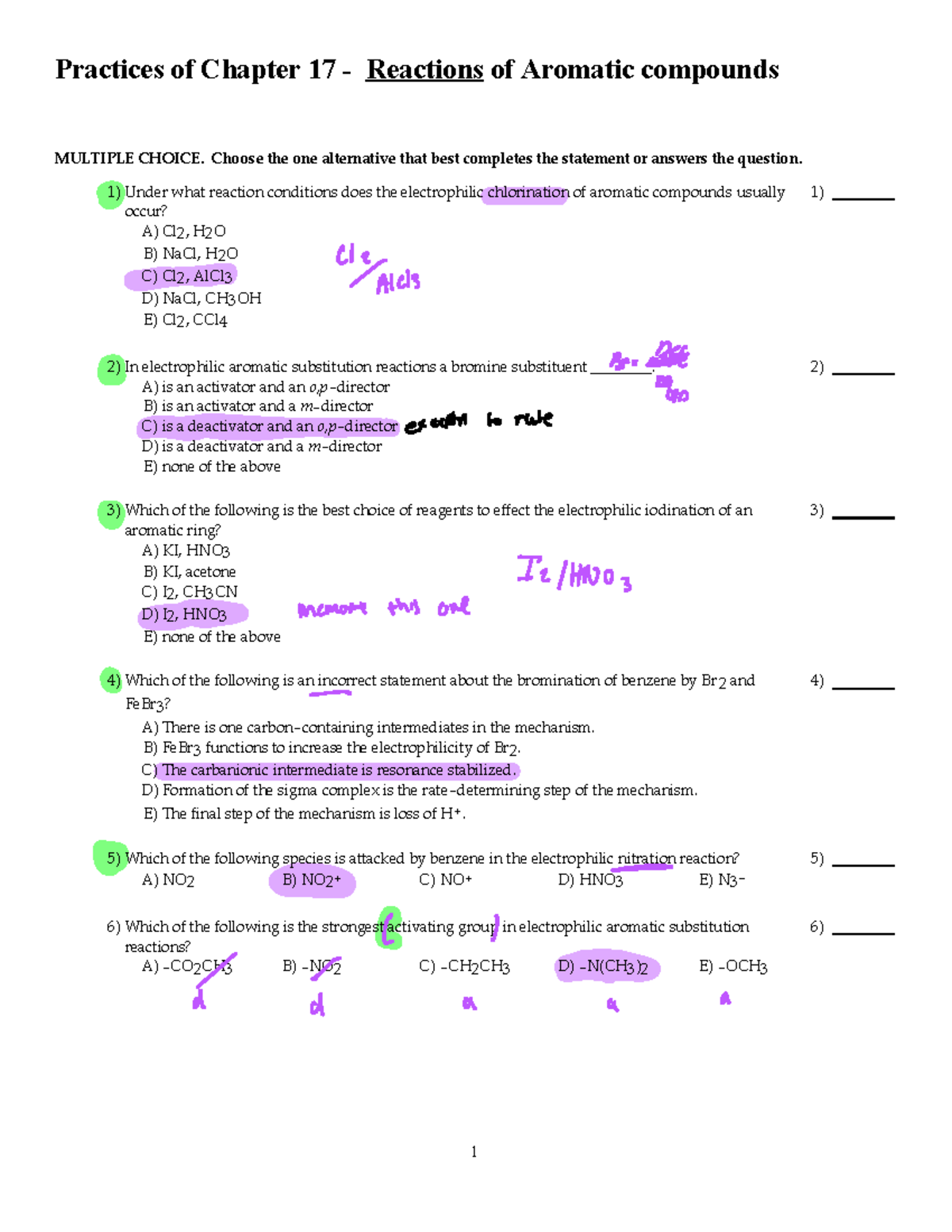 Practice MCQs on Chapter 17: Reactions of Aromatic Compounds - Studocu