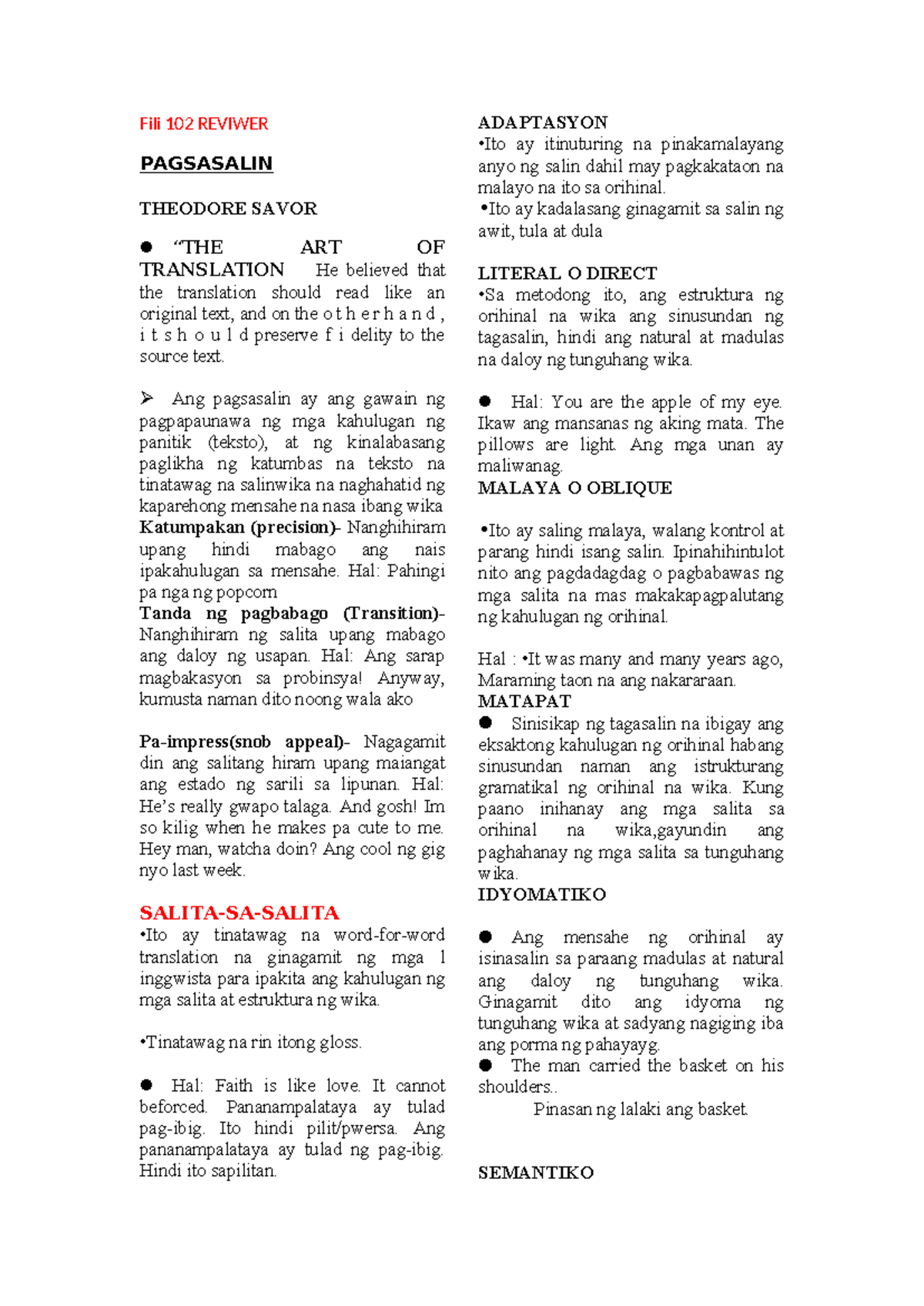 Fili 102 Reviewer: Art of Translation and Key Concepts in Filipino ...