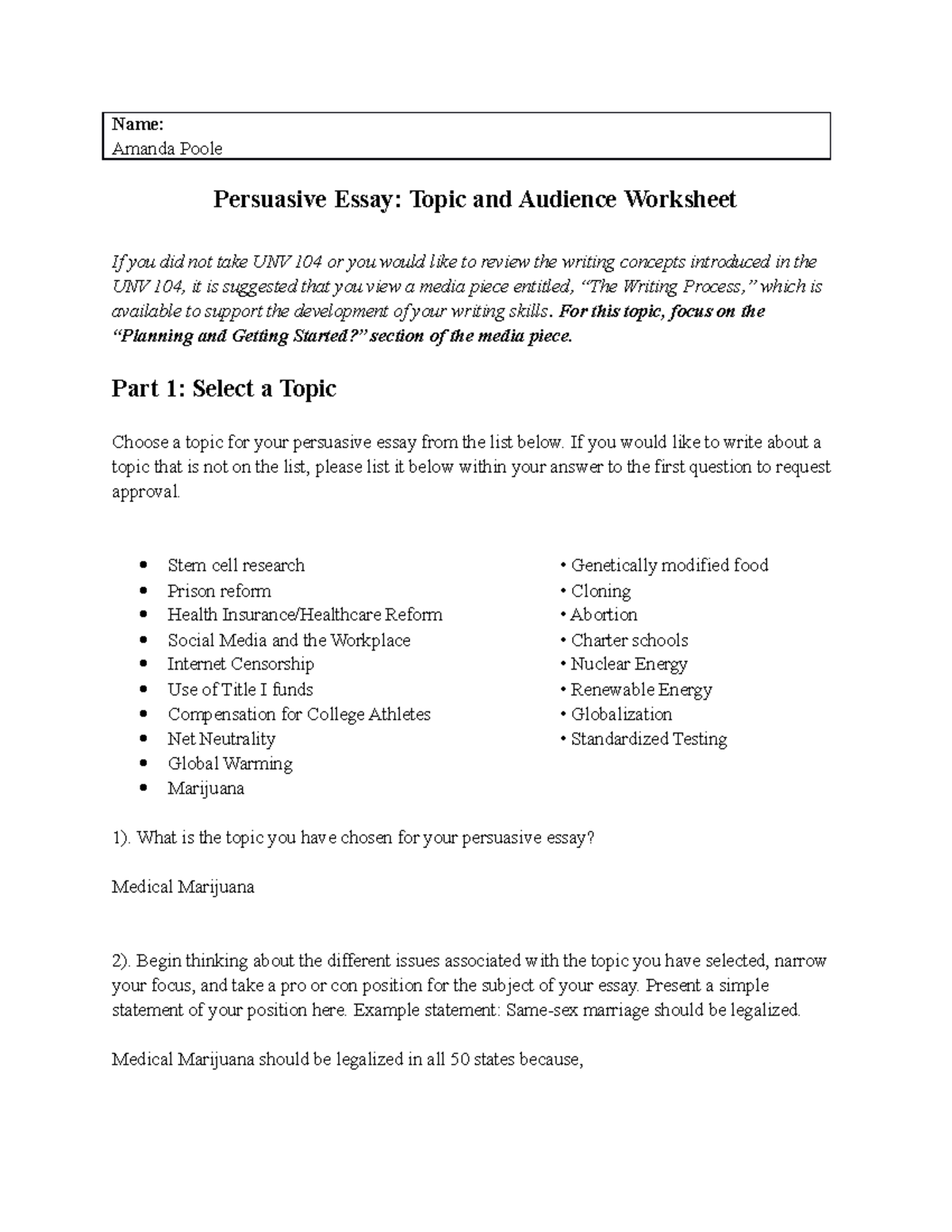 Persuasive Essay Topic and Audience Worksheet - Name: Amanda Poole ...