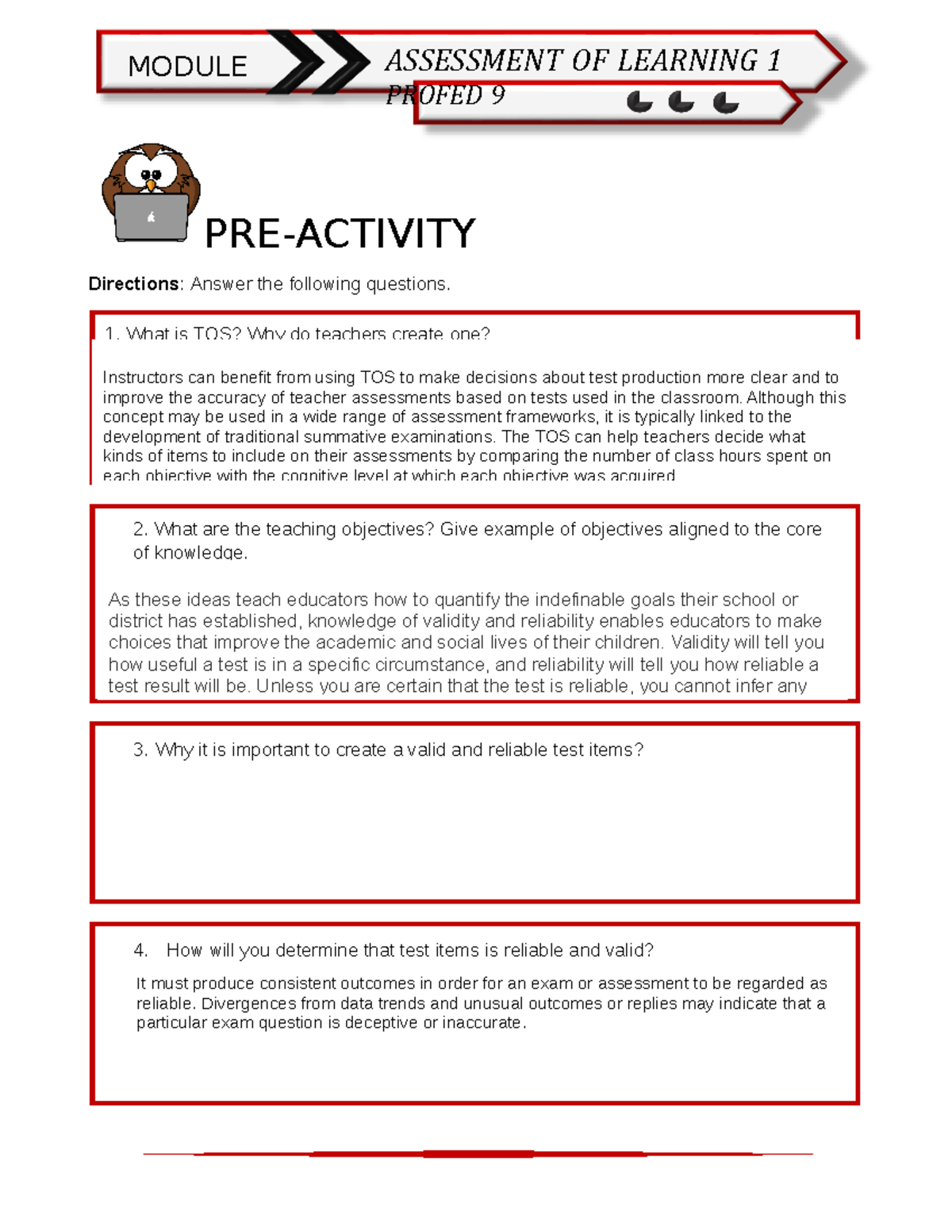 Pretest 3 - ASSESSMENT - MODULE ASSESSMENT OF LEARNING 1 PROFED 9 PRE ...