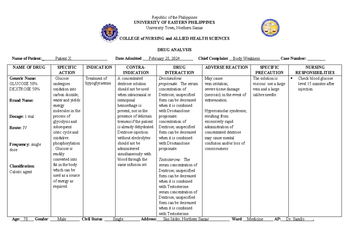 D5050 - Drug Analysis for Nursing Care: Glucose and Dextrose - Studocu