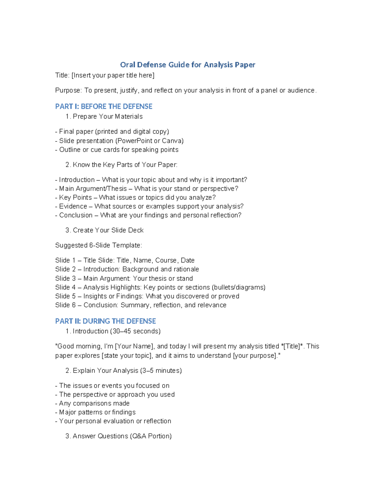 Oral Defense Guide for Analysis Paper: Key Steps and Tips - Studocu