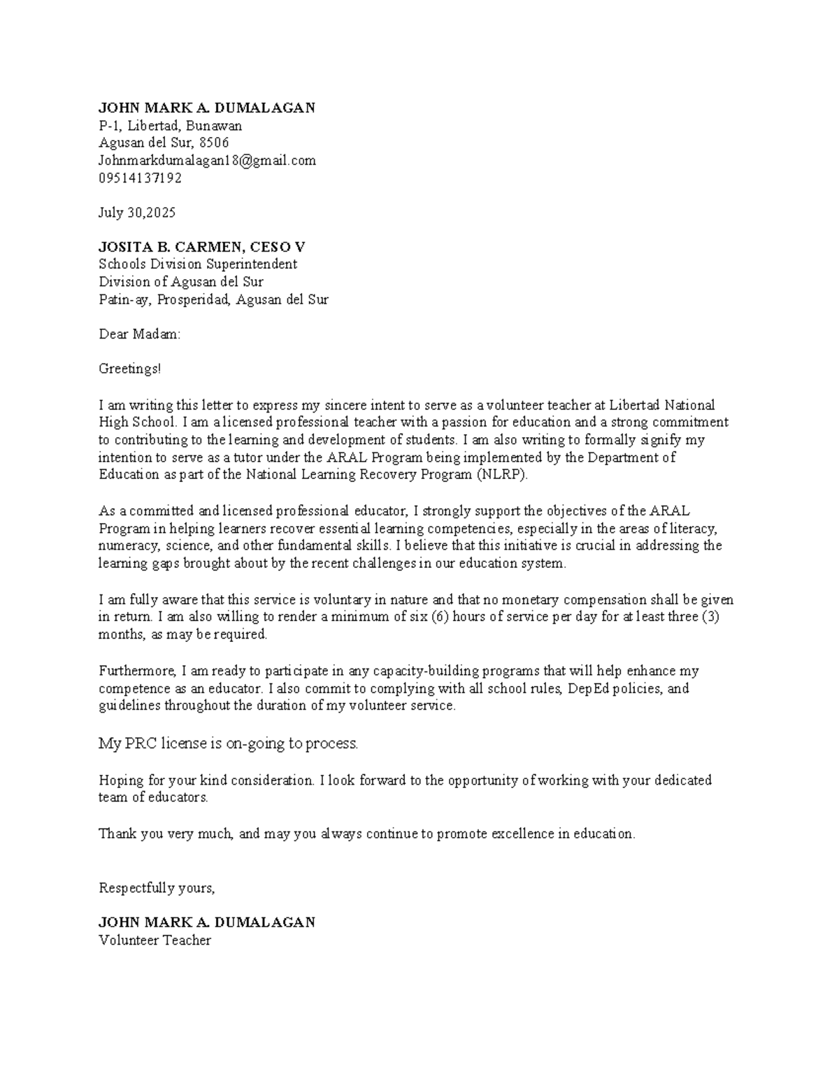 Letter of Intent for Volunteer Teaching - ARAL Program - Studocu