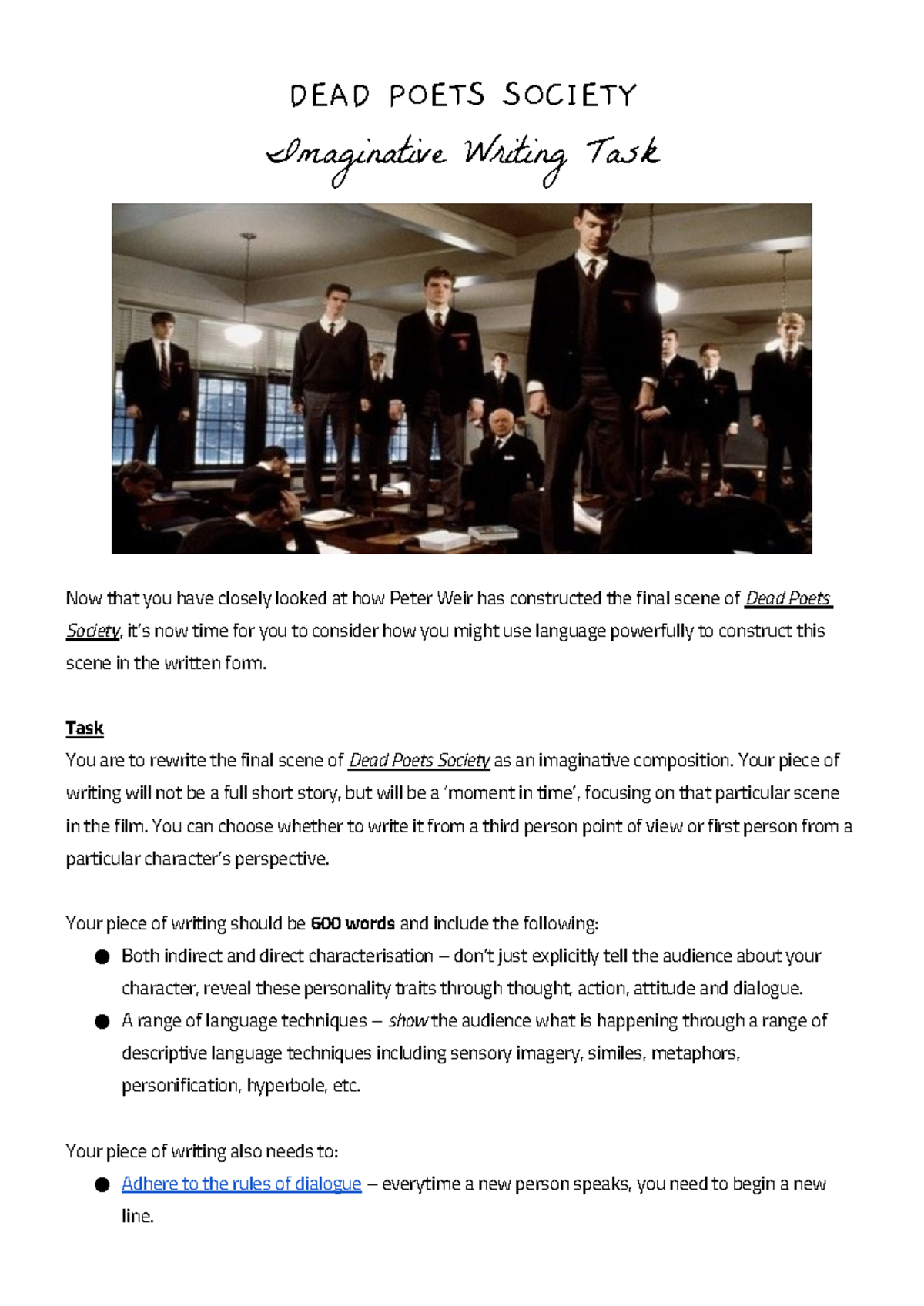 DEAD POETS SOCIETY Imaginative Writing Task: Final Scene Rewrite - Studocu
