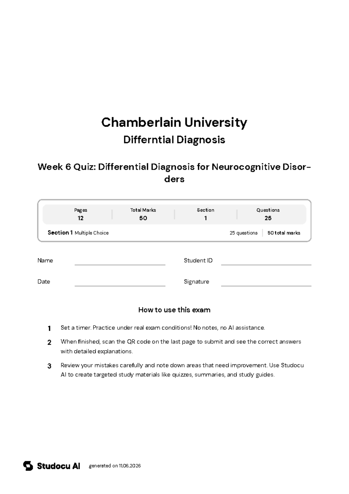 Week 6 Quiz: Differential Diagnosis for Neurocognitive Disorders - Studocu