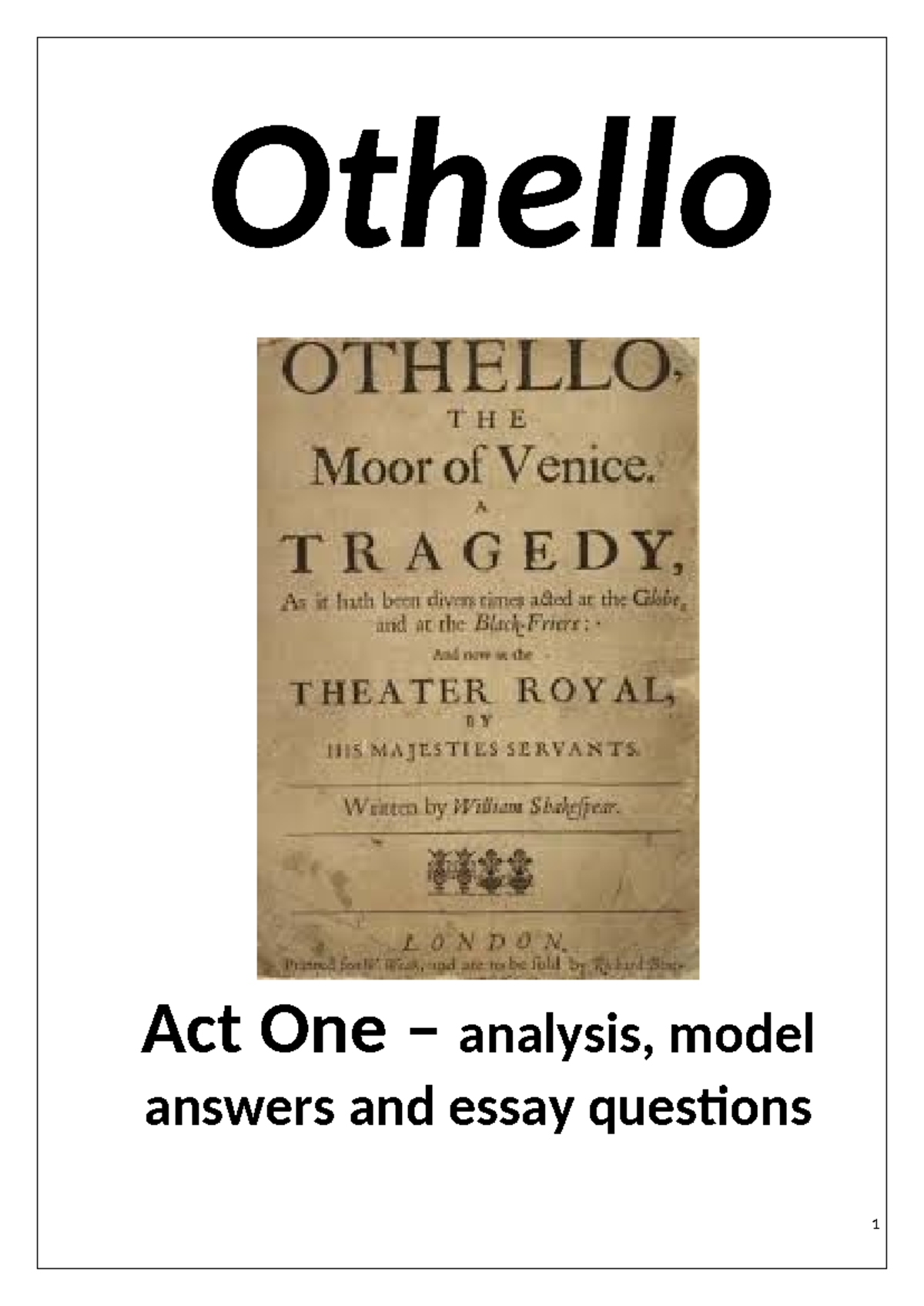 Othello (ENG 201): Act One Analysis, Key Themes, and Essay Prep - Studocu