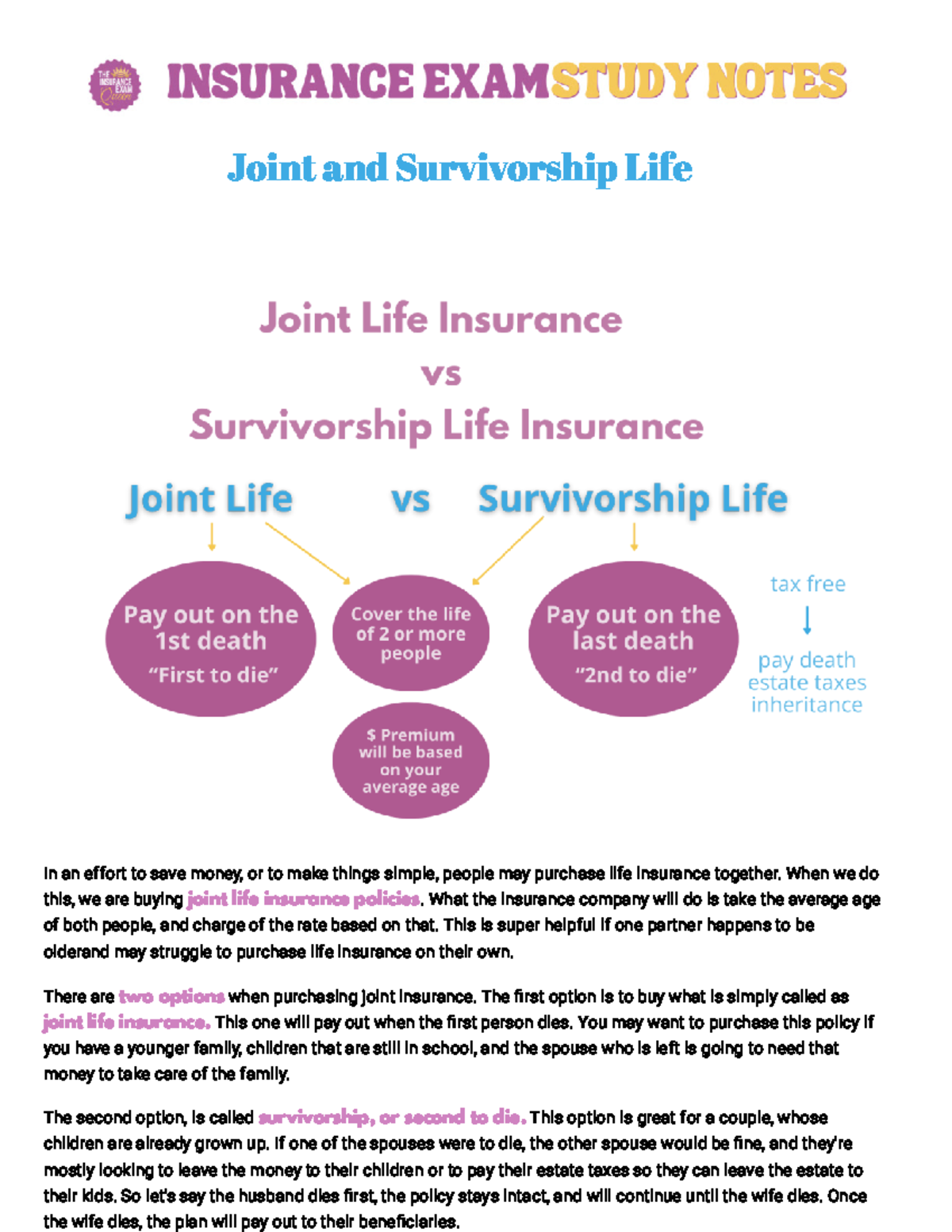 INSURANCE 101: Joint Life vs Survivorship Life Exam Study Notes - Studocu