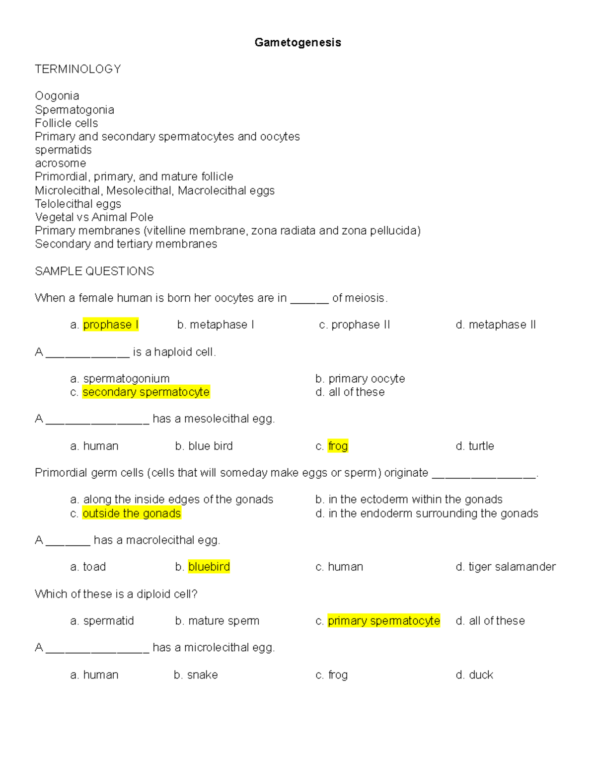Gametogenesis - Exam 1 Study Questions and Answers - Studocu