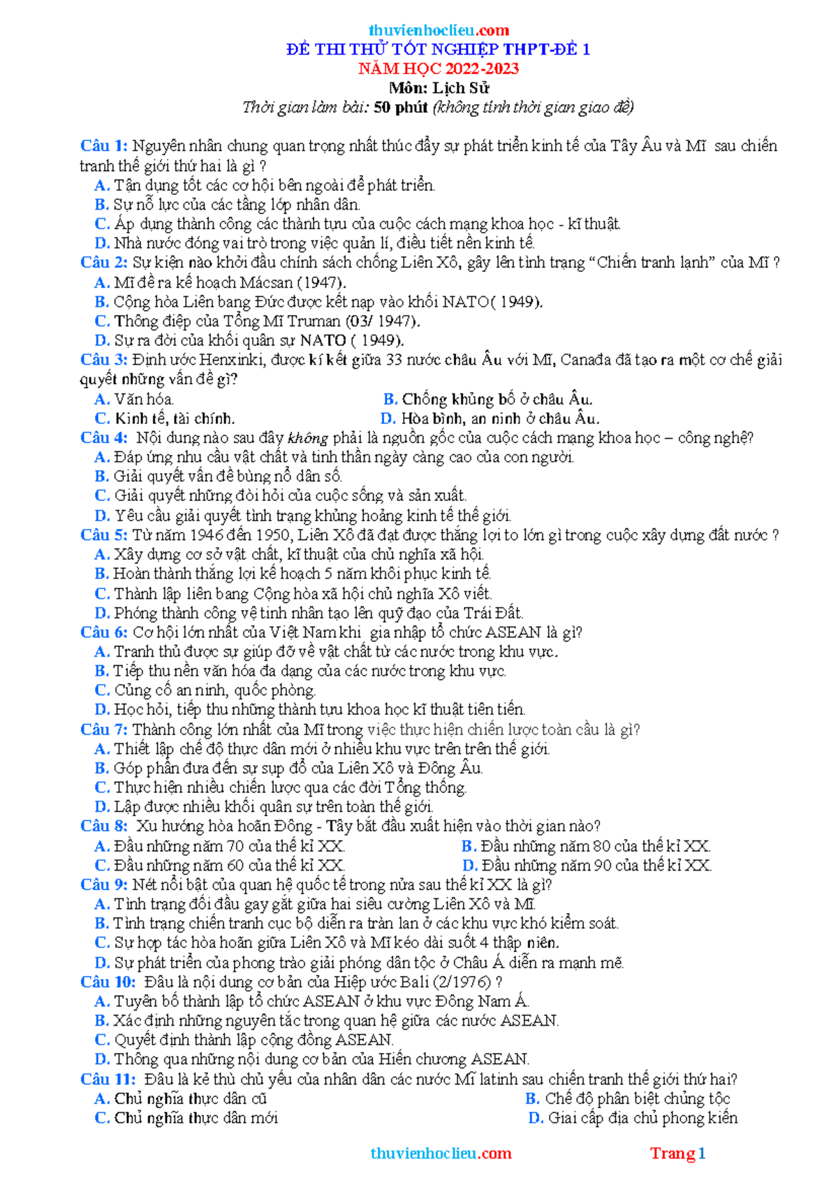 Đề Thi Thử Tốt Nghiệp Môn Lịch Sử - Năm Học 2023 - Studocu