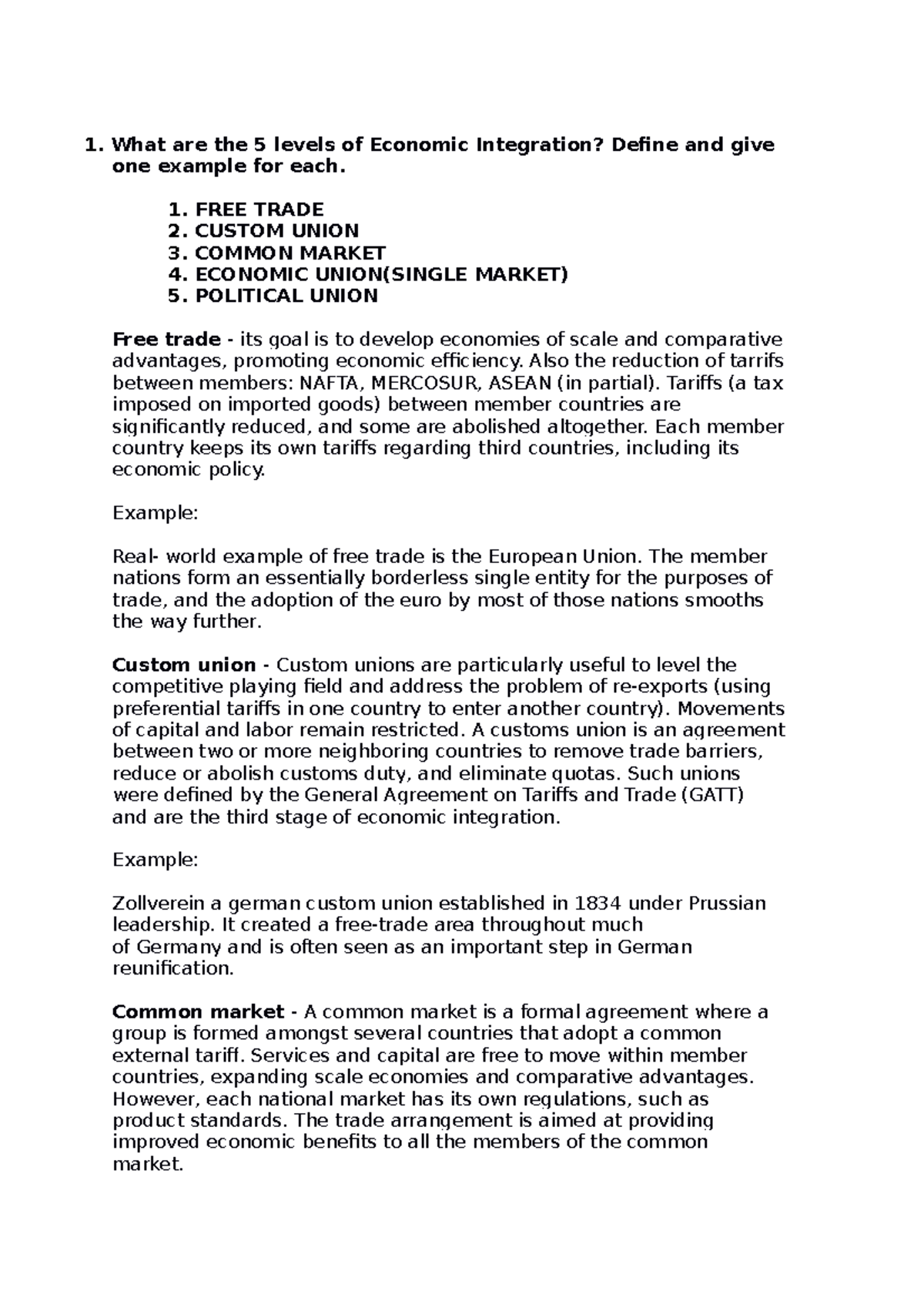 5 Levels of Economic Integration: Definitions & Examples Explained ...