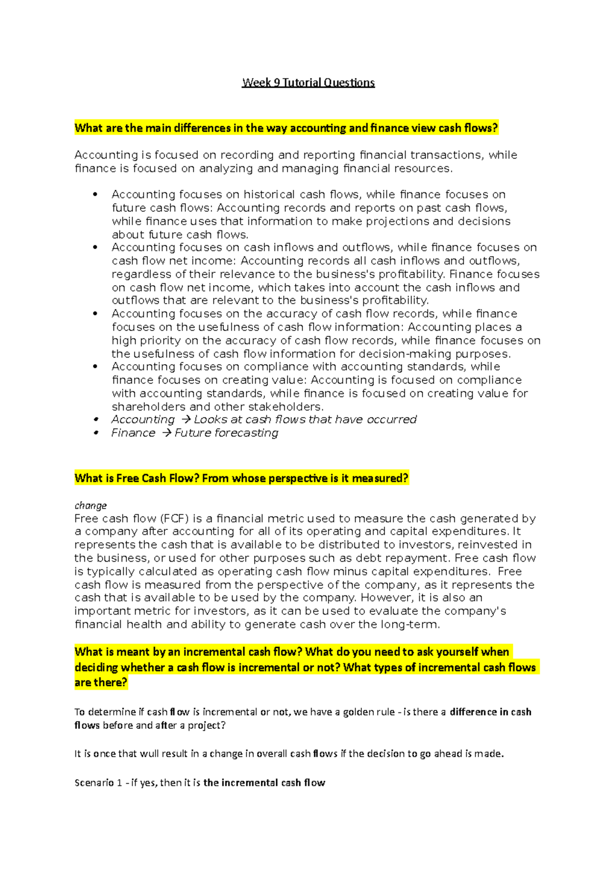 FINC 202: Week 9 Tutorial Questions on Cash Flow Concepts - Studocu