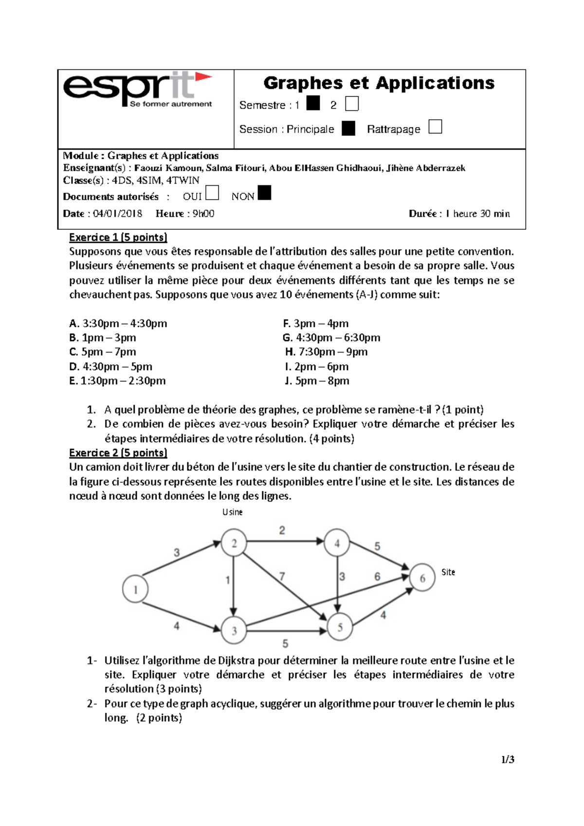 Examen Graphes et Applications 2018 - Semestre 1 2 - Studocu